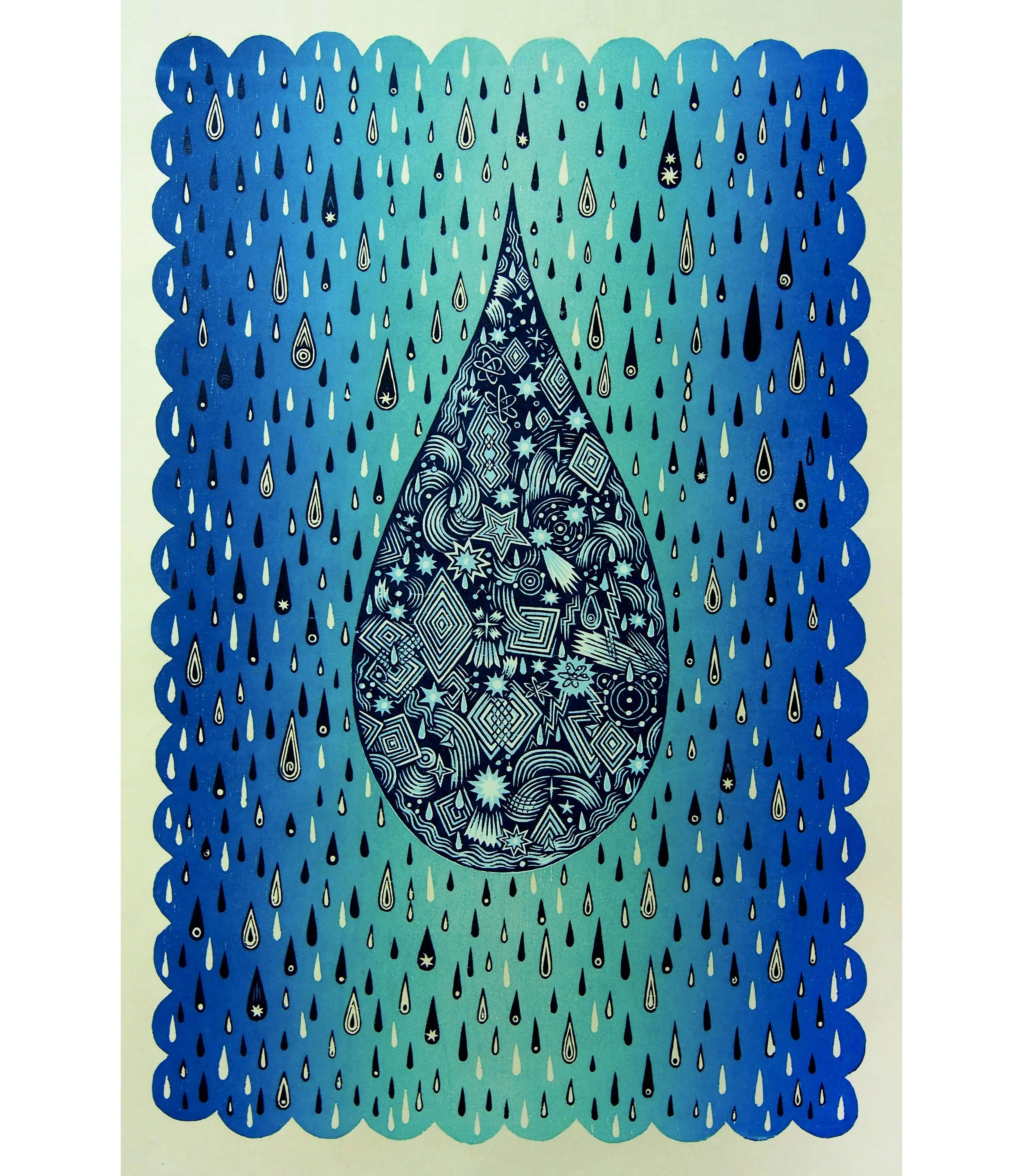 "RAINDROPS" Woodcut Print | 3-Block Color Print | Valerie Lueth ...