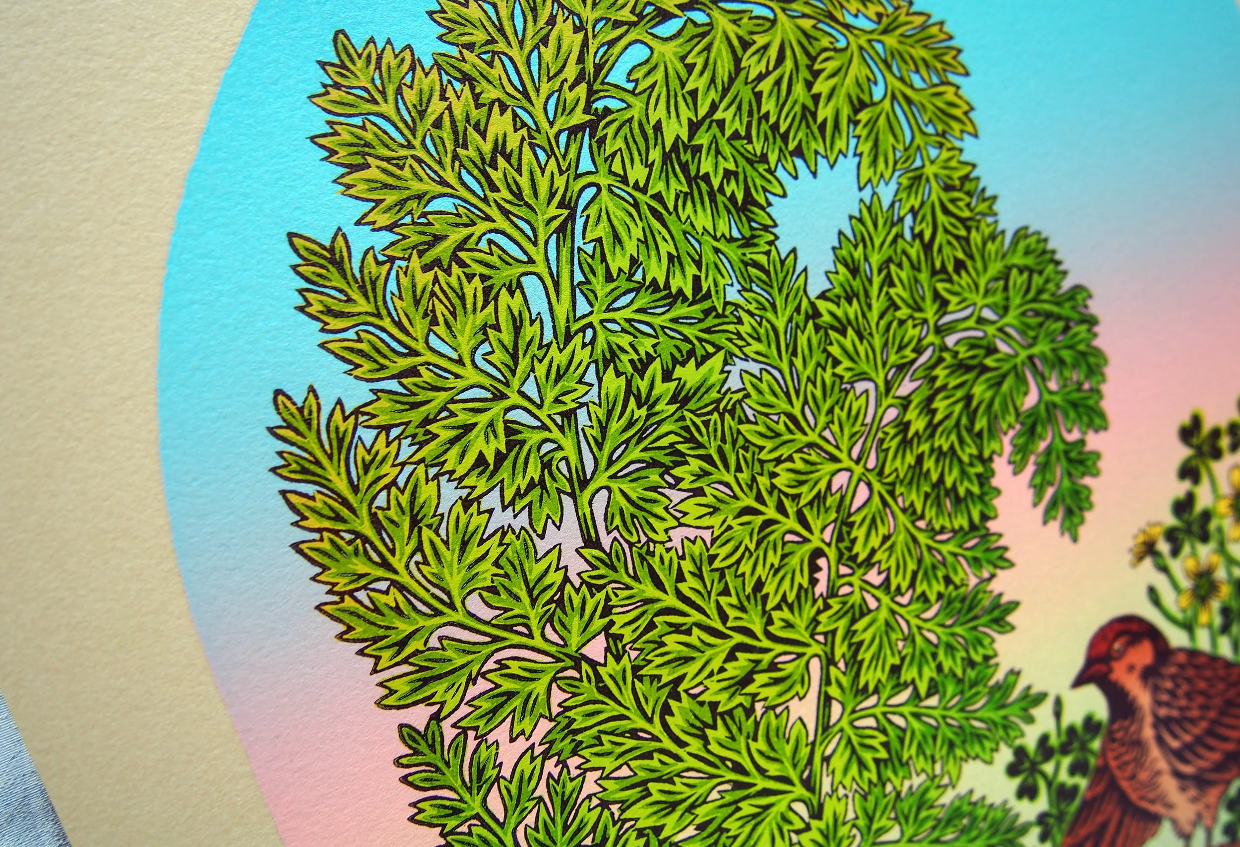 "SONGBIRD & CRICKET" Color Woodcut Print by Valerie Lueth | Tugboat ...