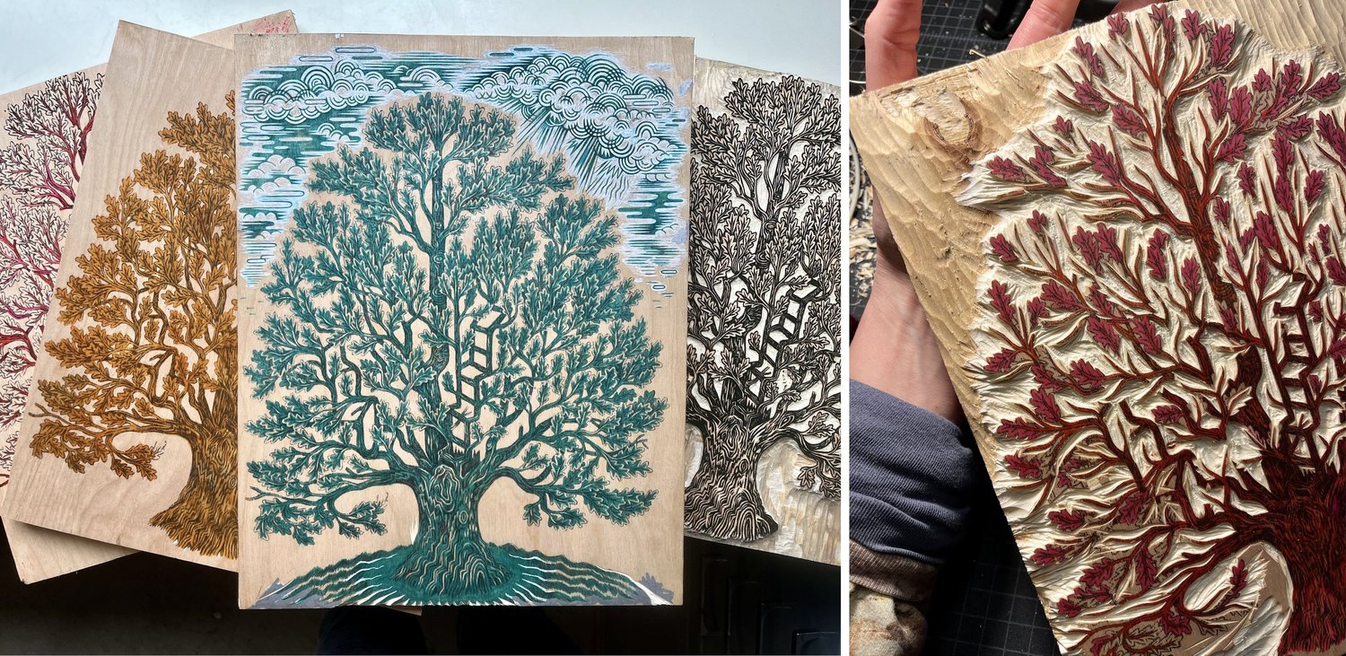 "LADDER TREE" Woodcut Print l Tugboat Printshop, Valerie Lueth ...