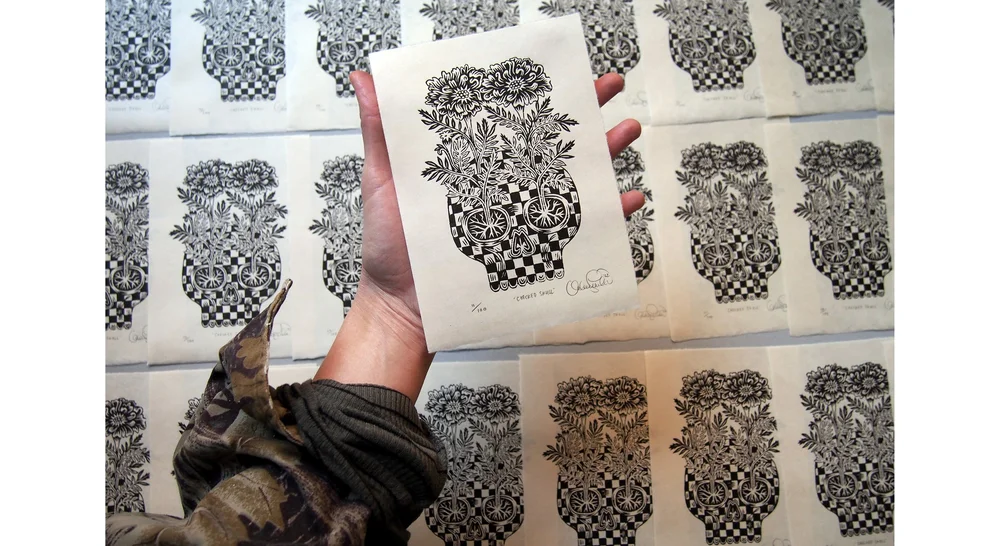 "CHECKED SKULL" Woodcut Print | Tugboat Printshop — Tugboat Printshop