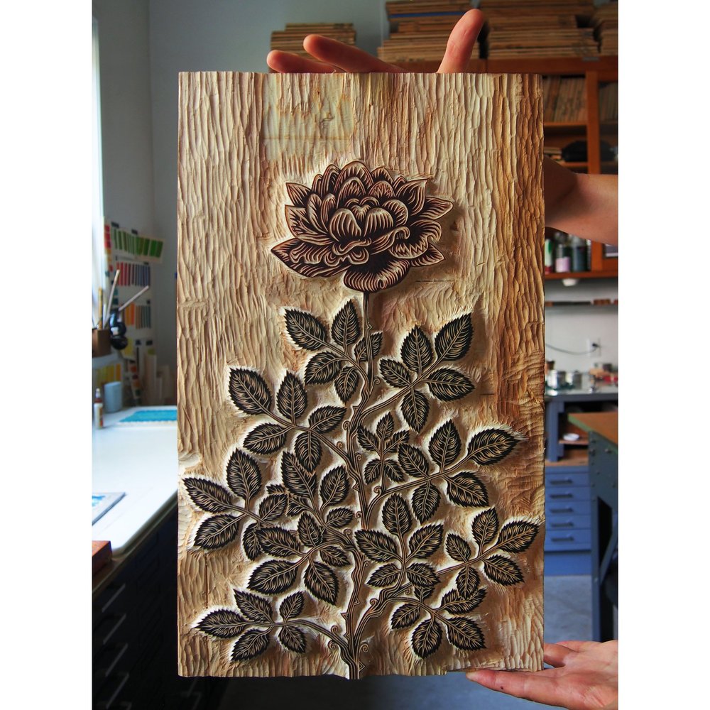 "GLOWING ROSE" Color Woodcut Print by Valerie Lueth | Tugboat Printshop ...
