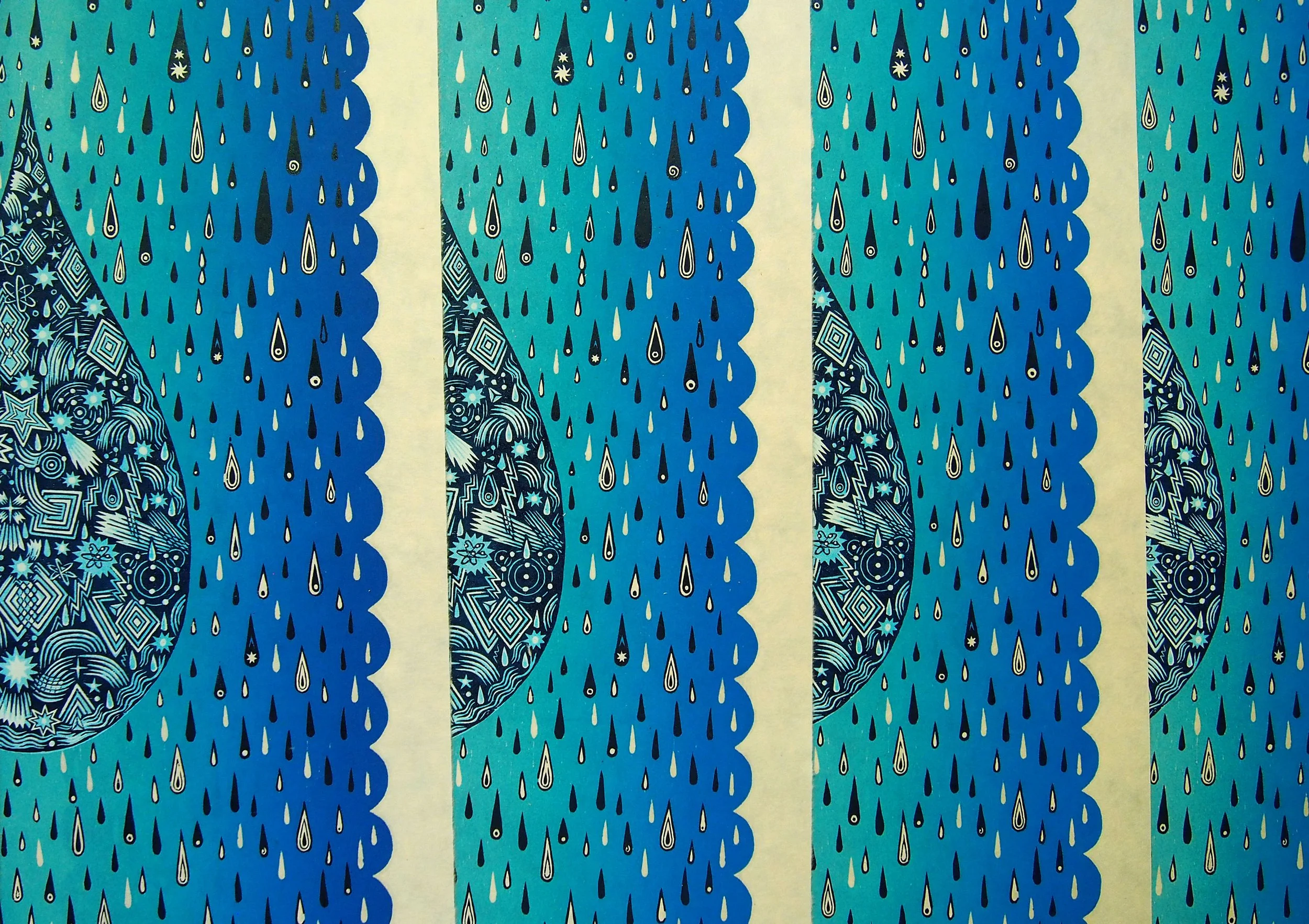"RAINDROPS" Woodcut Print | 3-Block Color Print | Valerie Lueth ...