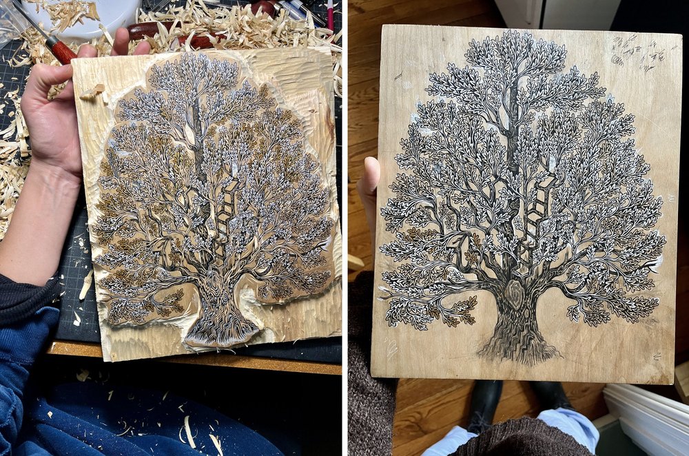 "LADDER TREE" Woodcut Print l Tugboat Printshop, Valerie Lueth ...