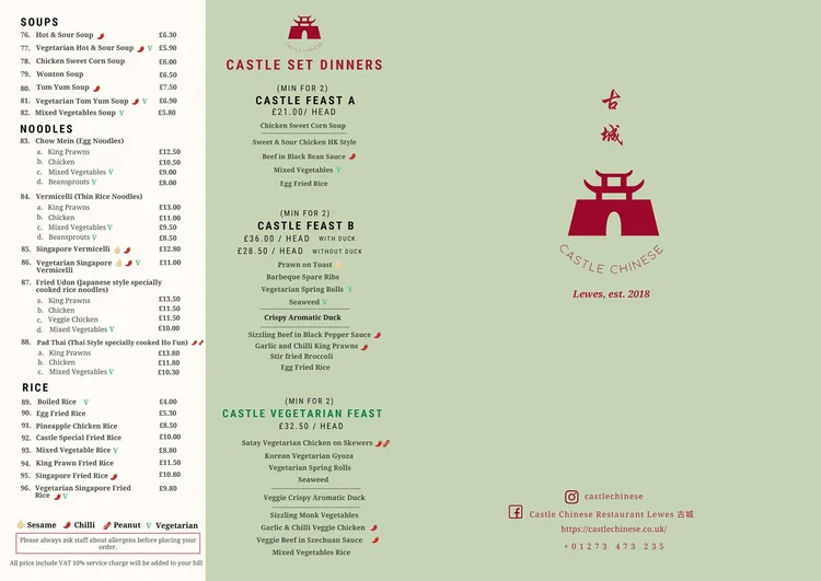 Restaurant Menu — Castle Chinese Lewes