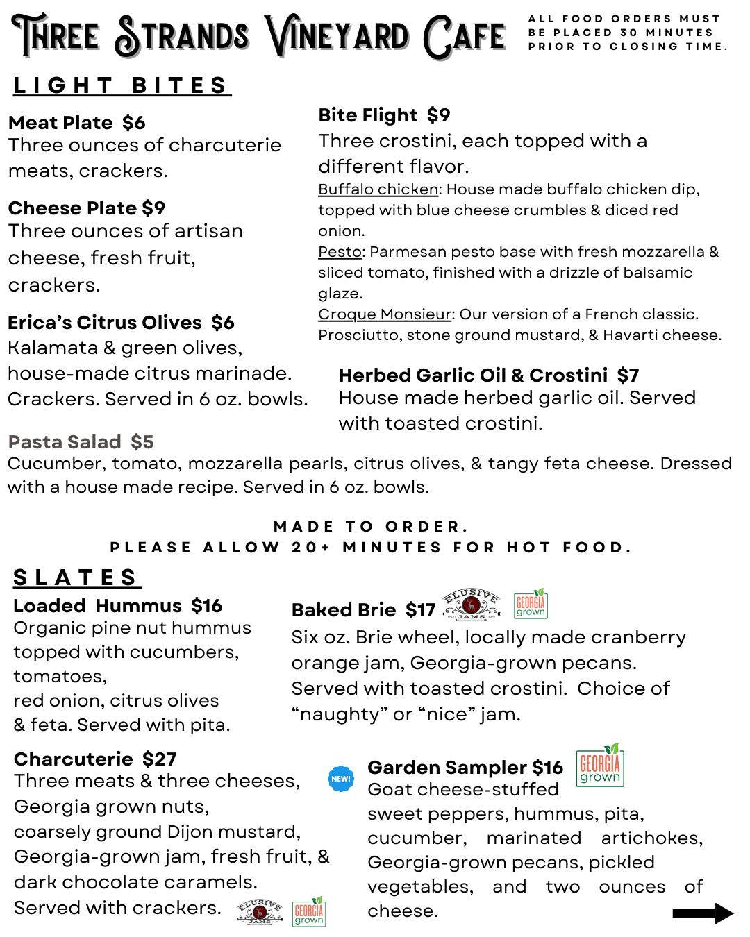 Vineyard Cafe Menu — Three Strands Vineyard and Winery