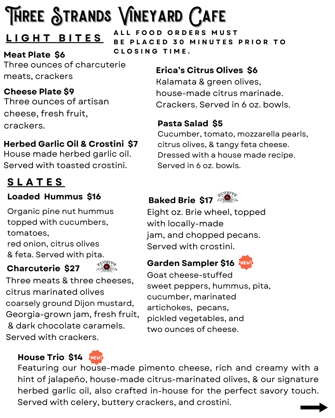 Vineyard Cafe Menu — Three Strands Vineyard and Winery