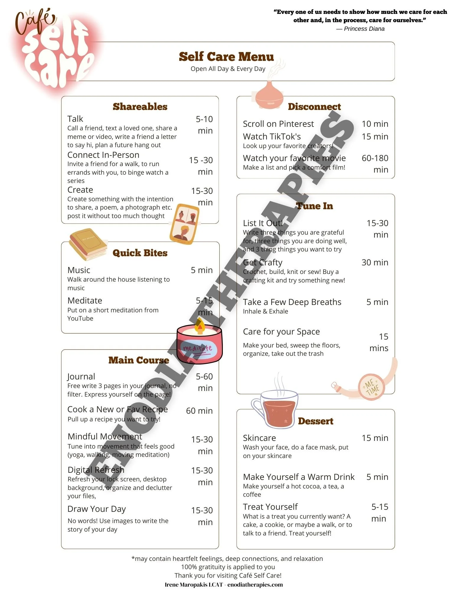 Cafe Self Care Menu Therapy Worksheet PRINTABLE DOWNLOAD — Enodia ...