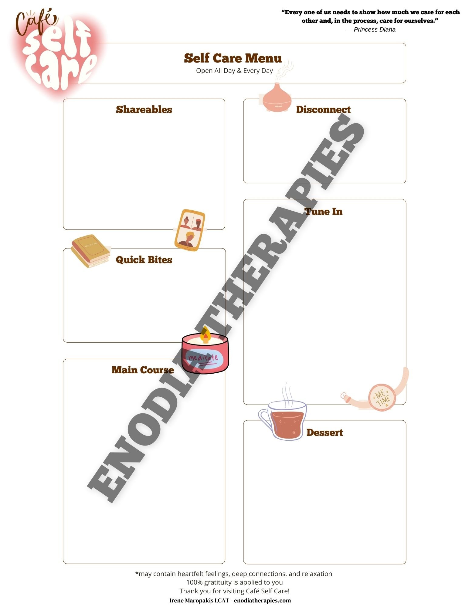 Cafe Self Care Menu Therapy Worksheet PRINTABLE DOWNLOAD — Enodia ...