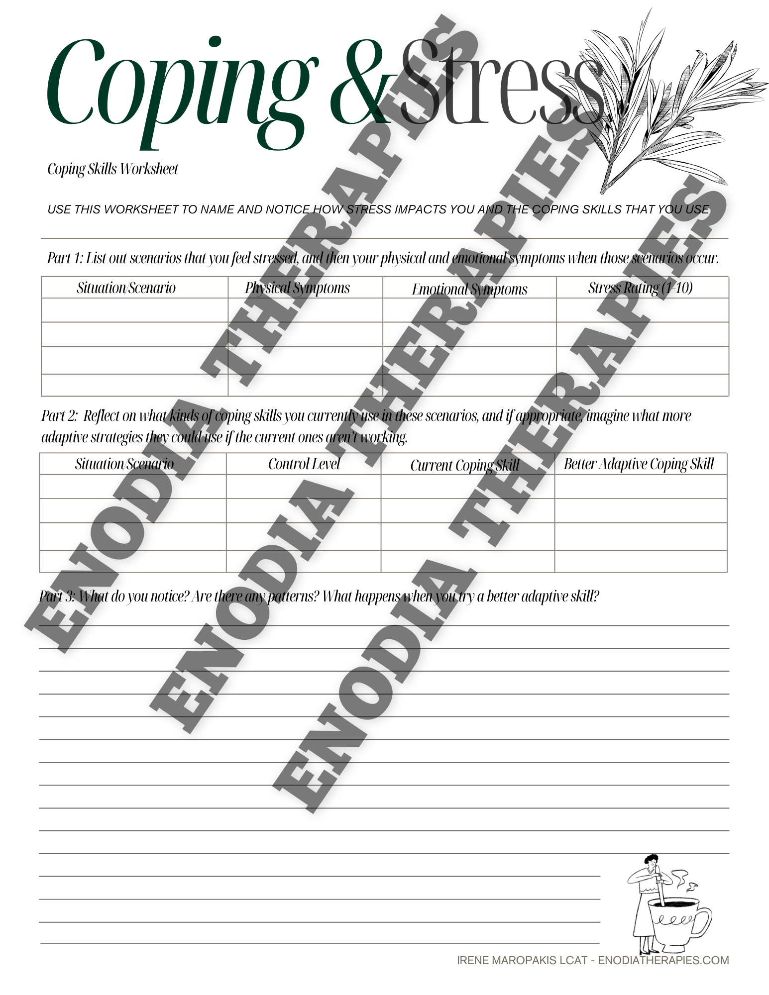 Minimalist Mental Health Safety Plan Therapy Worksheet Mint Green + BW ...