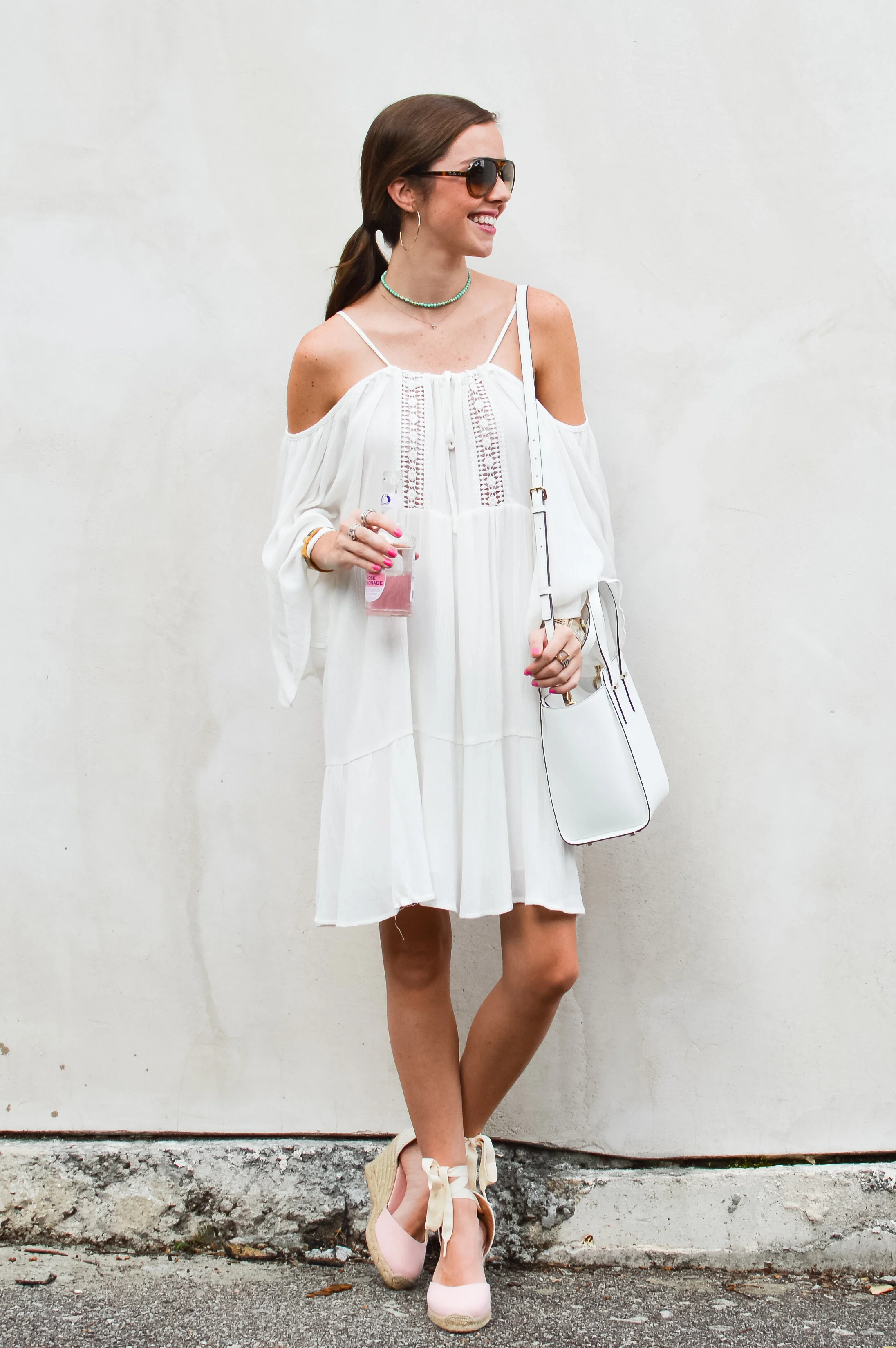 White Dress + Pink Lace Up Espadrilles — Caroline Broome