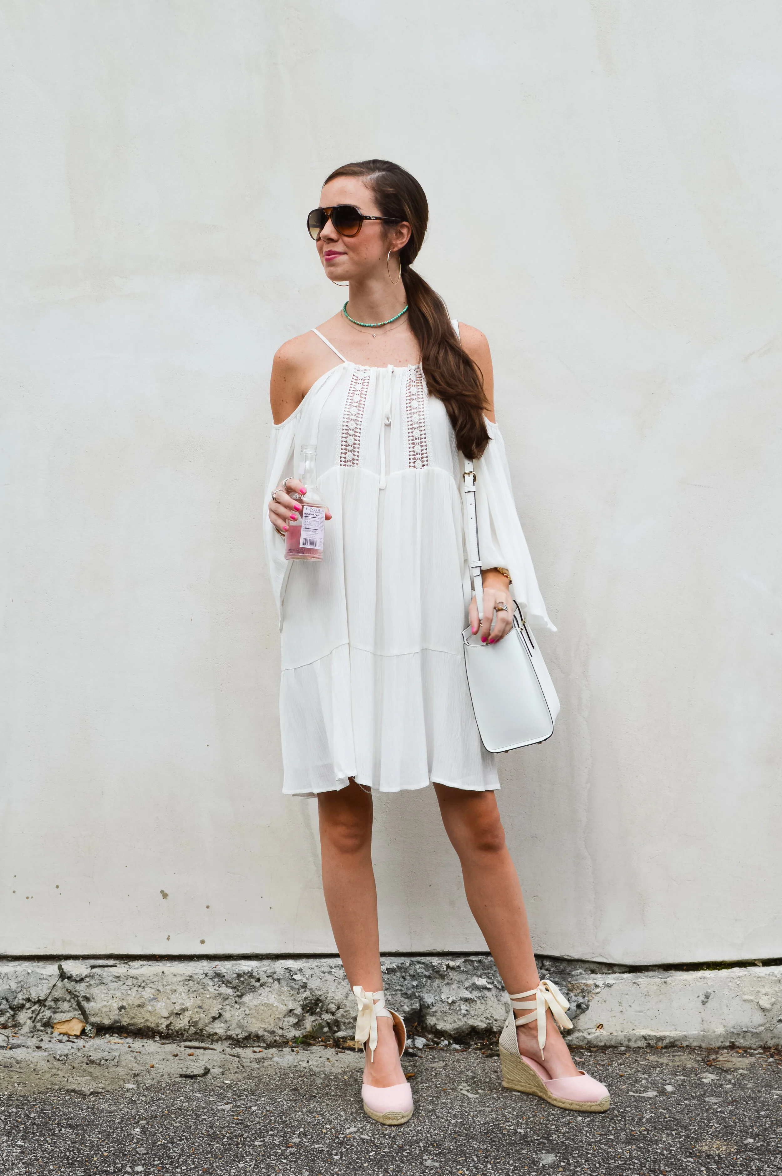 White Dress + Pink Lace Up Espadrilles — Caroline Broome