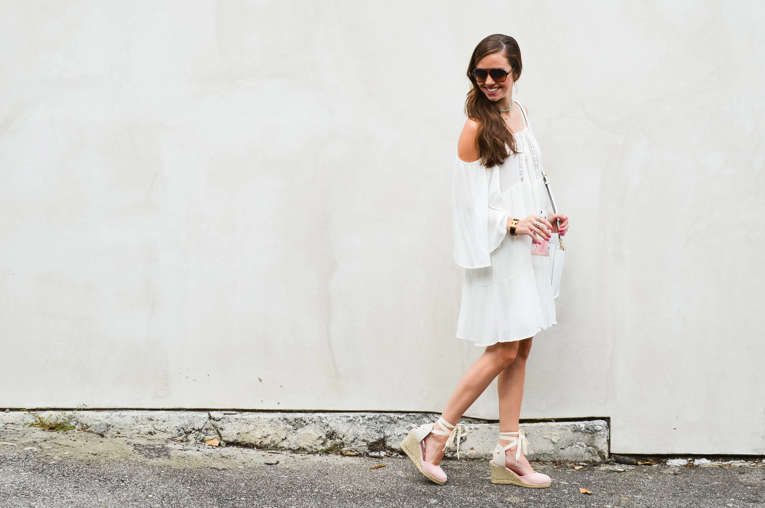 White Dress + Pink Lace Up Espadrilles — Caroline Broome
