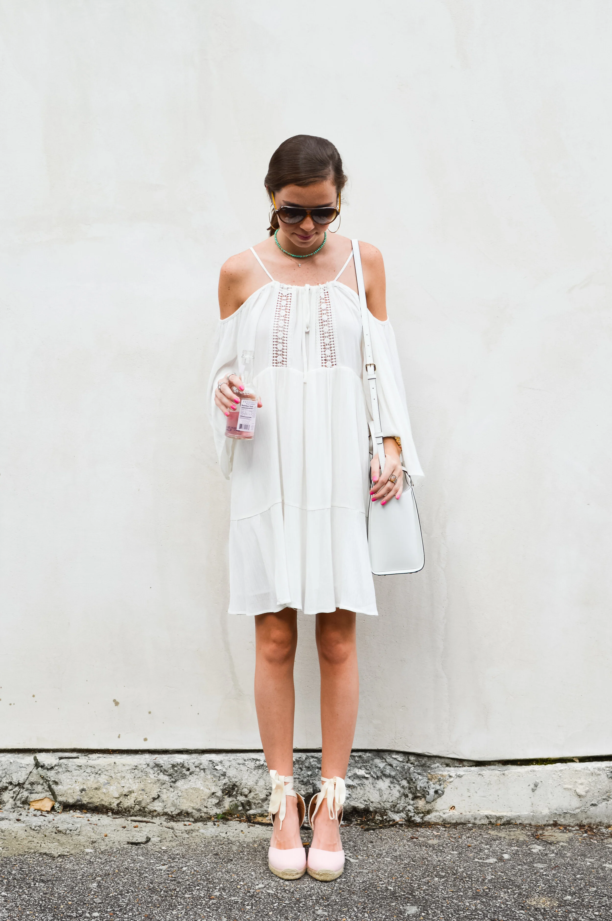 White Dress + Pink Lace Up Espadrilles — Caroline Broome