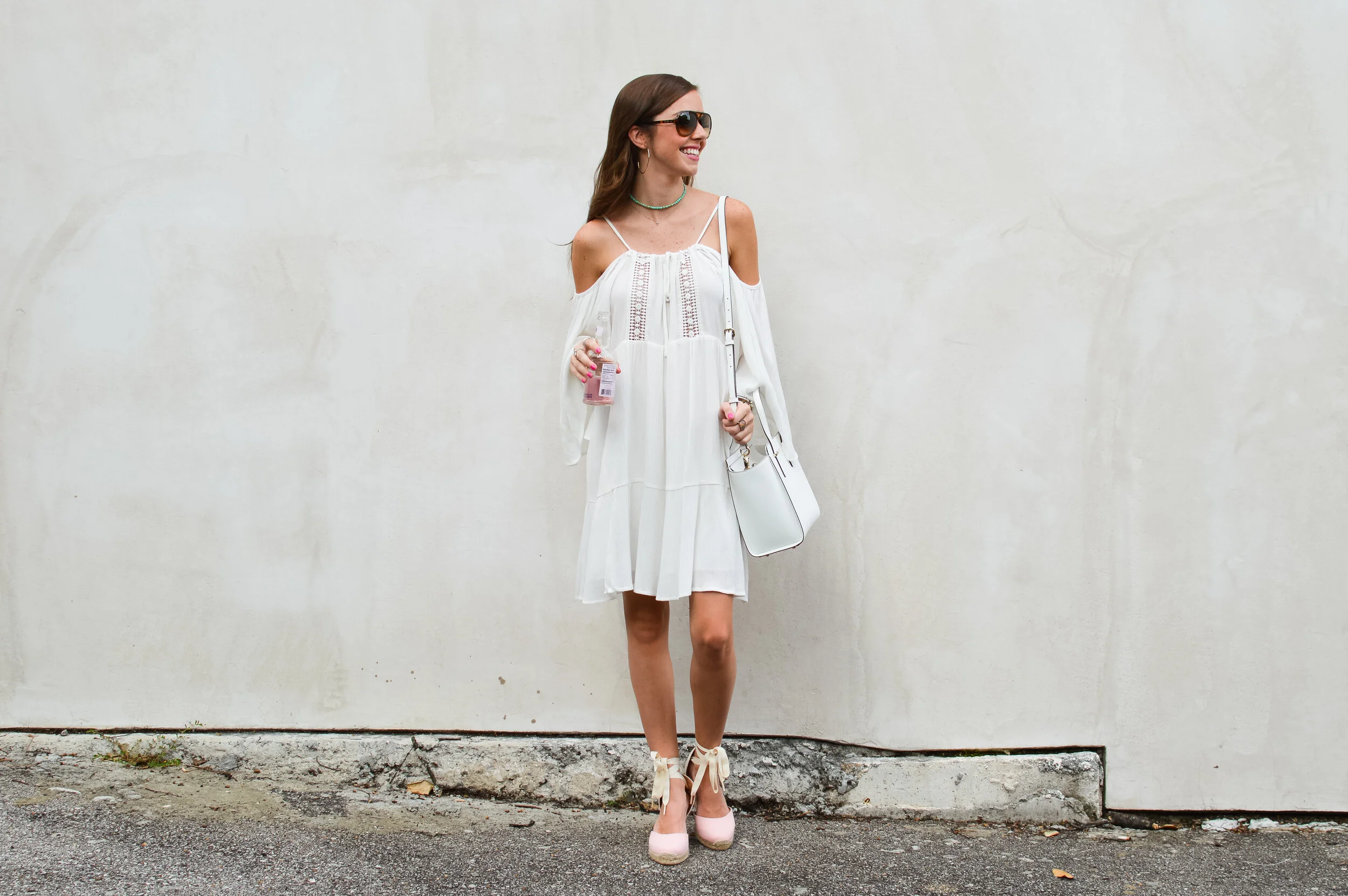 White Dress + Pink Lace Up Espadrilles — Caroline Broome