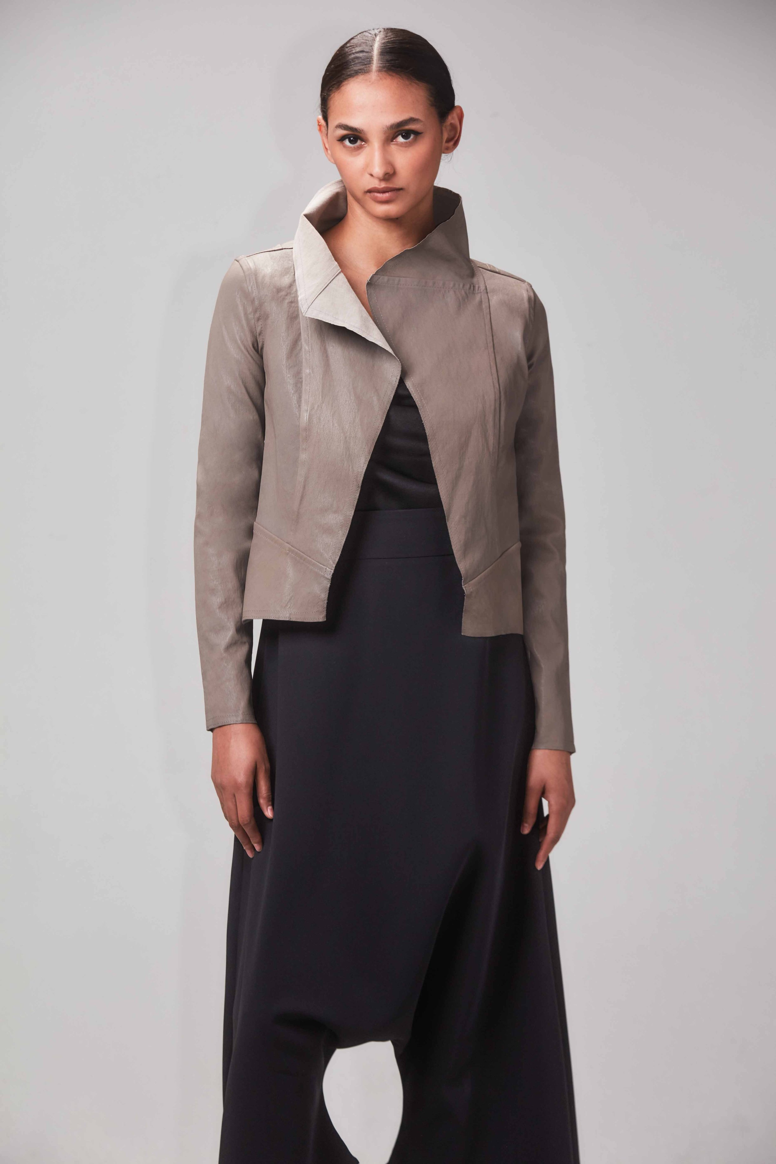 DRAPE LEATHER JACKET — KZ_K STUDIO | Modernist Womenswear Designer