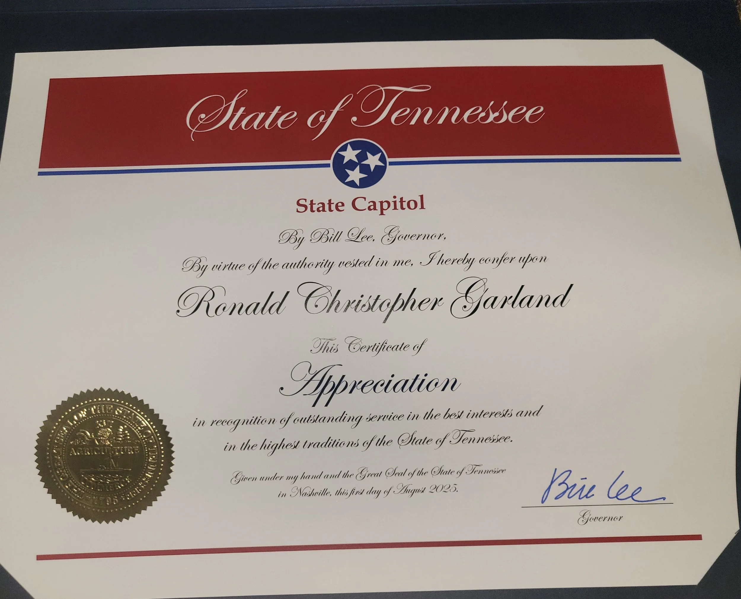 Governor Bill Lee Honors Ronald Christopher Garland with Certificate of ...