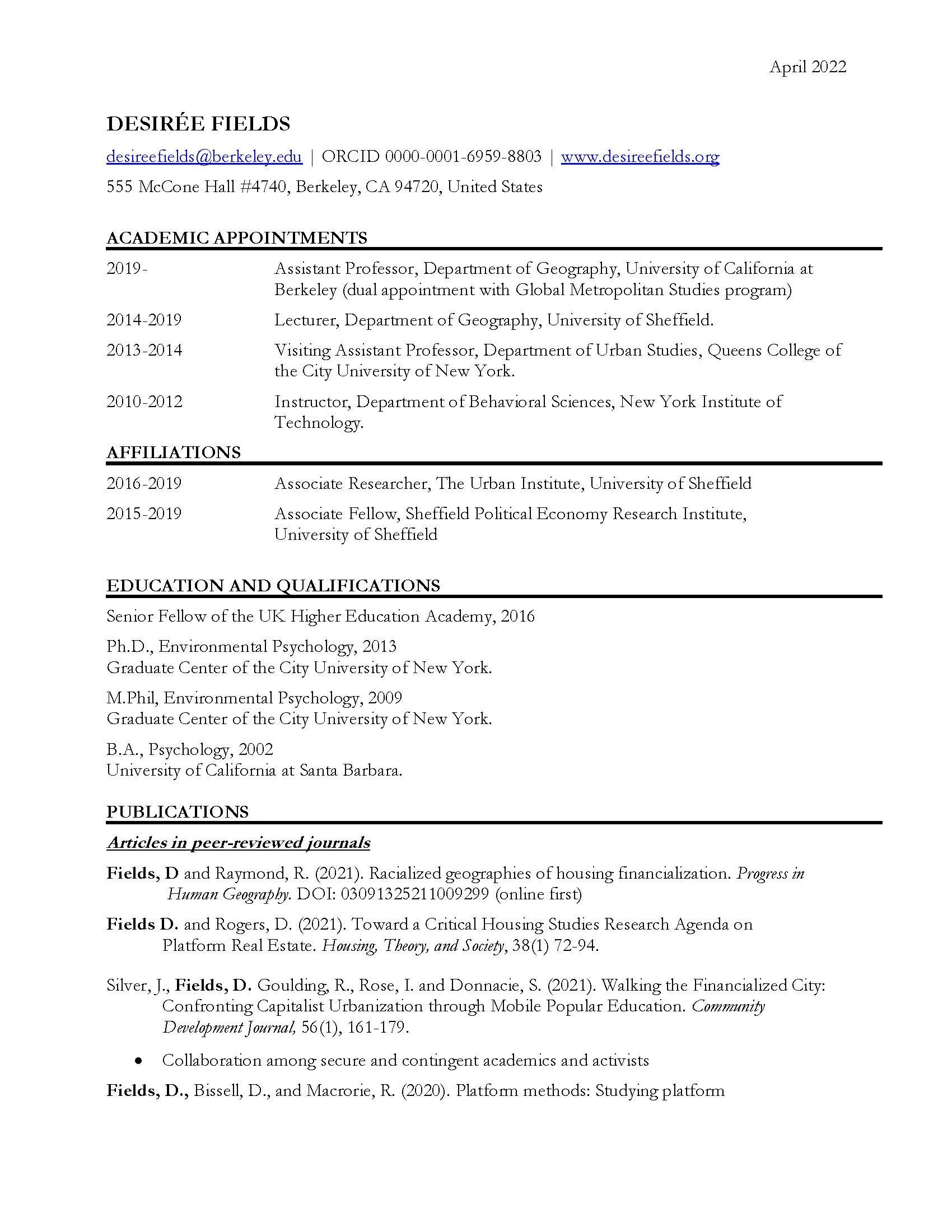 Curriculum vitae — Desiree Fields, Ph.D.