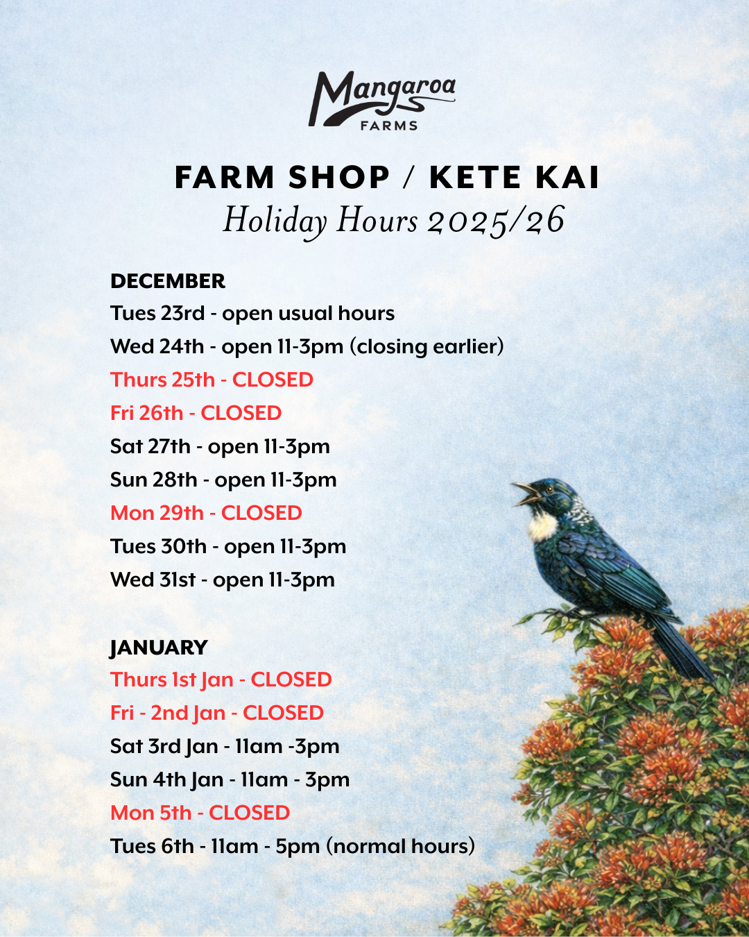 Holiday Hours - Mangaroa Farm Shop — Mangaroa Farms