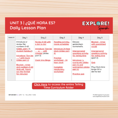Spanish 1 | Unit 3: Telling Time and Numbers 0-60 (1-week unit ...