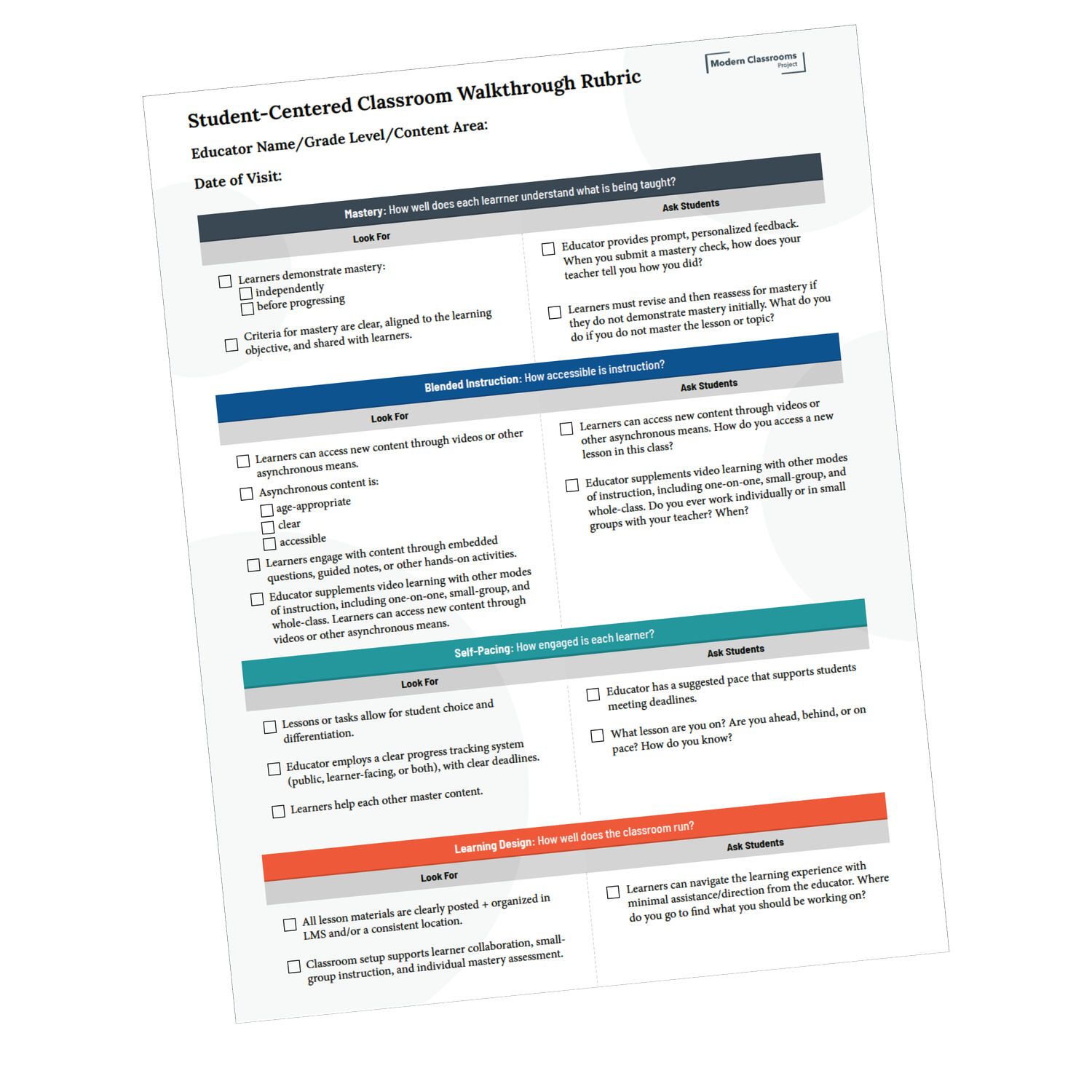 Student-Centered Classroom Walkthrough Rubric — Modern Classrooms Project