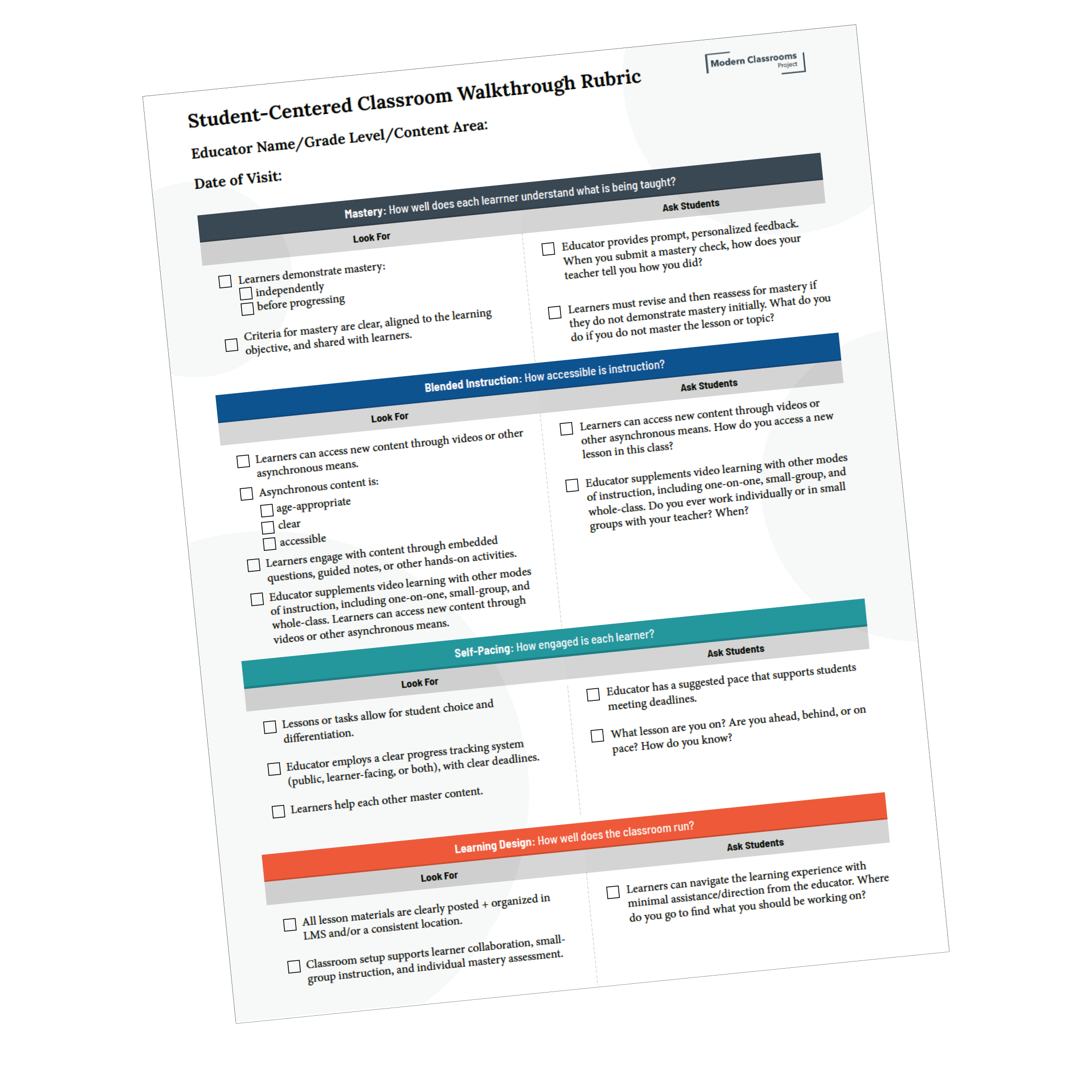Student-Centered Classroom Walkthrough Rubric — Modern Classrooms Project