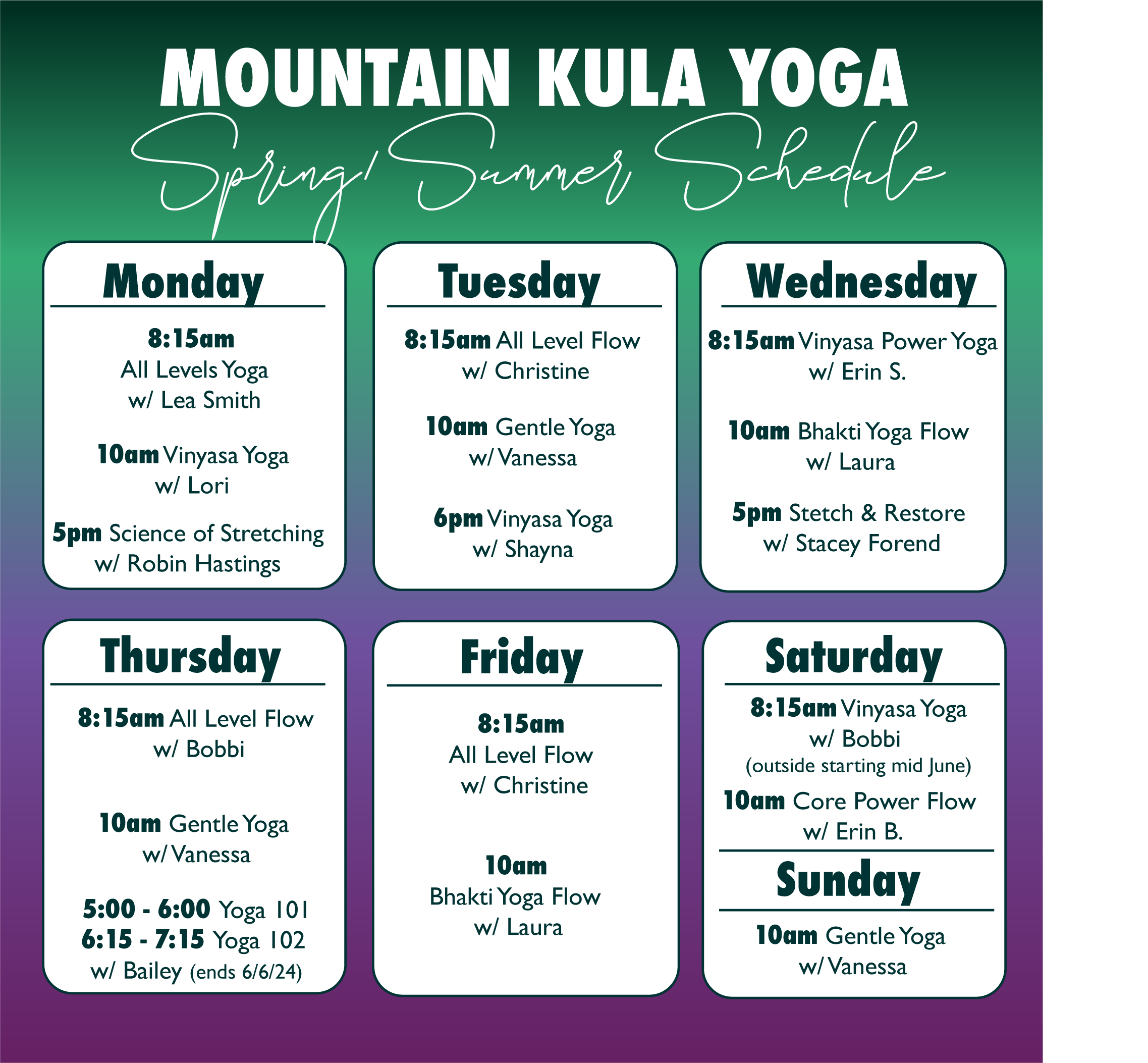 Yoga Class Schedule | Mountain Kula Yoga