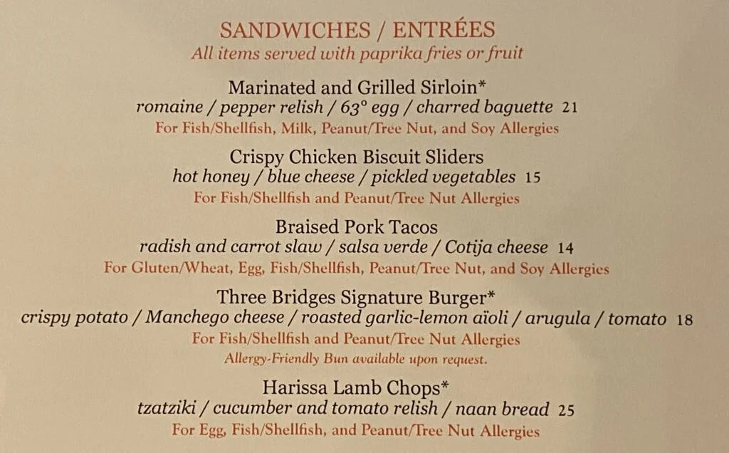 Three Bridges Bar & Grill Allergy-Friendly Dinner Menu — Gluten Free ...