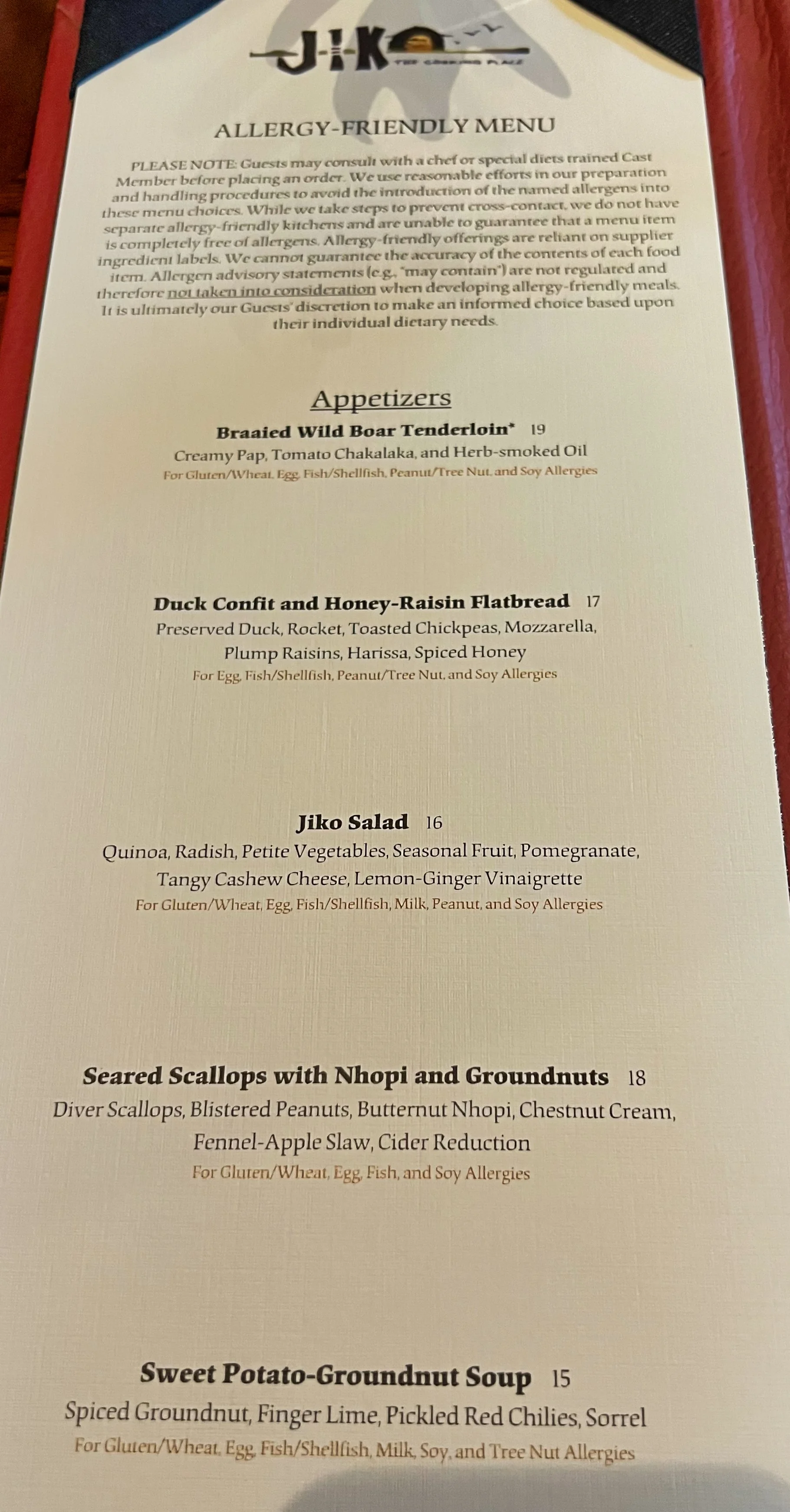 Jiko Allergy Friendly Dinner Menu — Gluten Free & Dairy Free at WDW