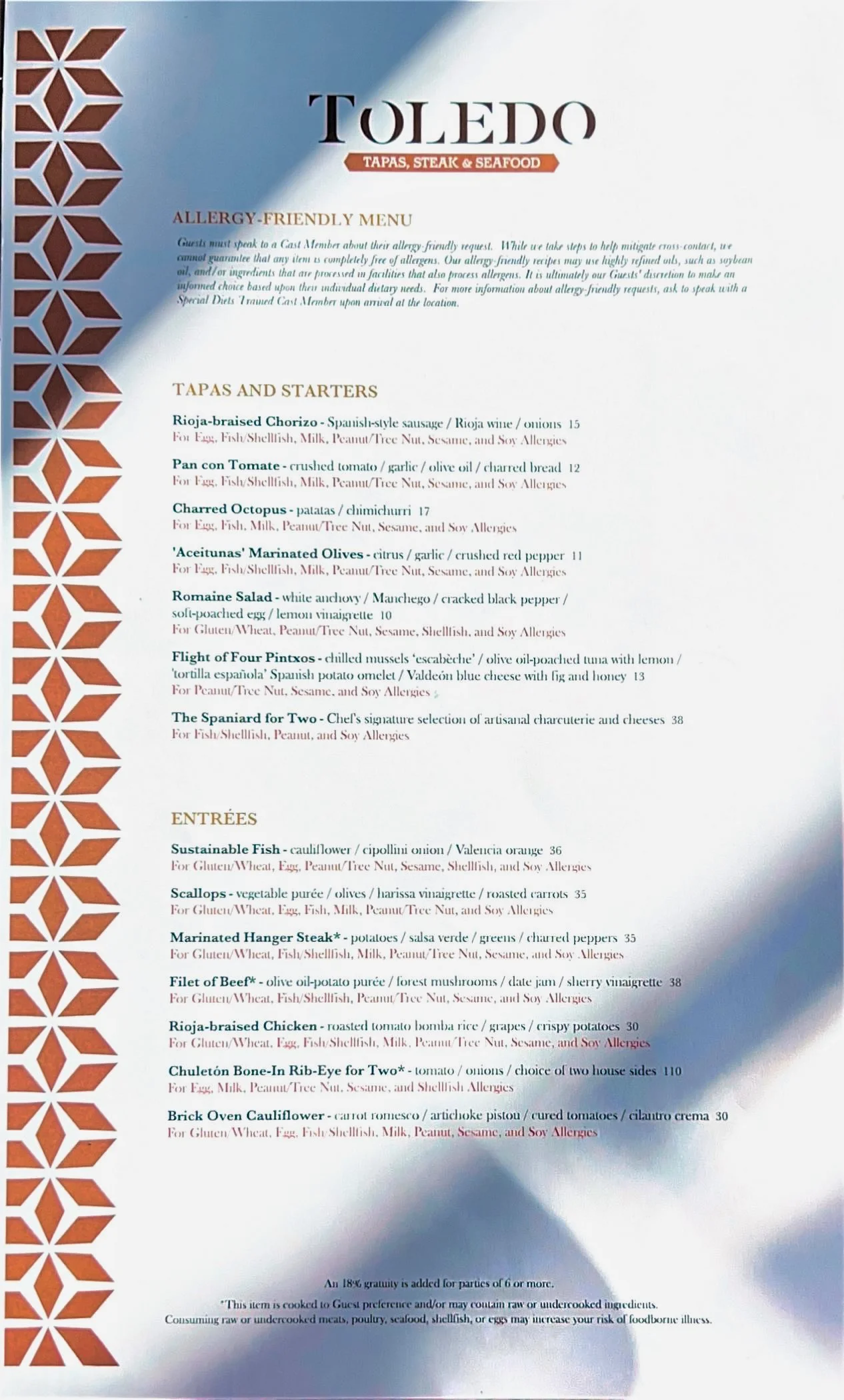 Toledo Allergy Friendly Dinner Menu — Gluten Free & Dairy Free at WDW