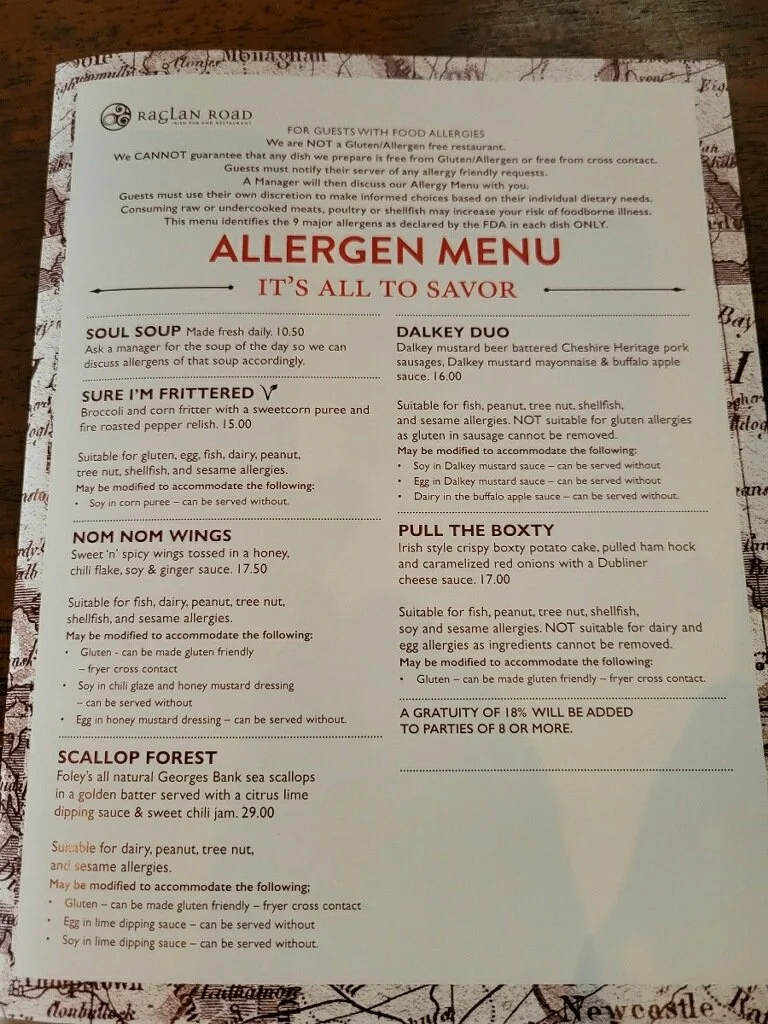 Raglan Road Allergen Menu — Gluten Free & Dairy Free at WDW