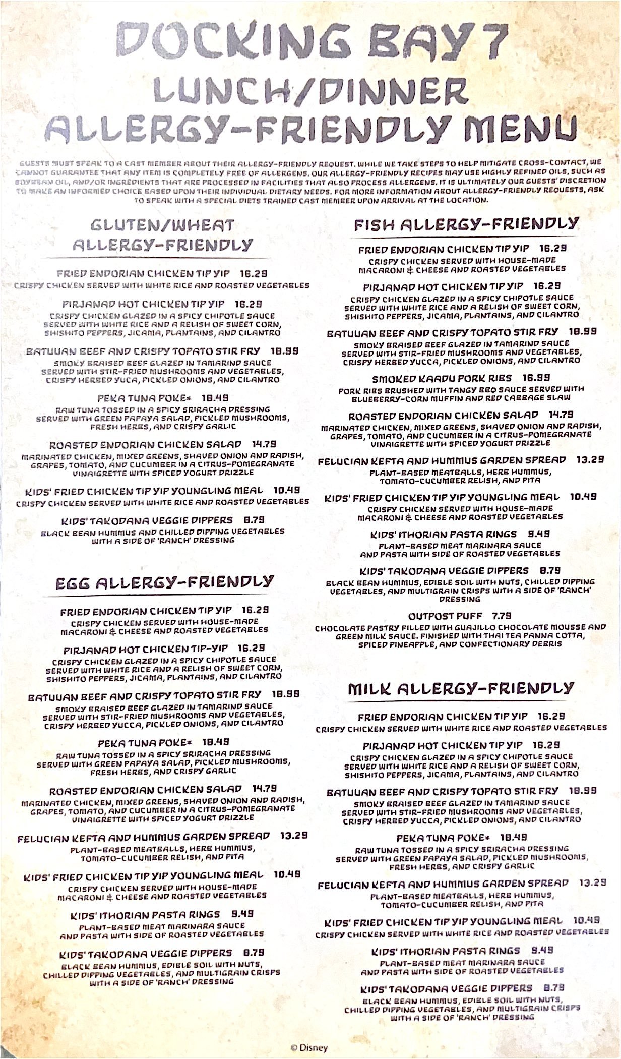 Docking Bay 7 (Disney World) Allergy-Friendly Lunch & Dinner Menu ...