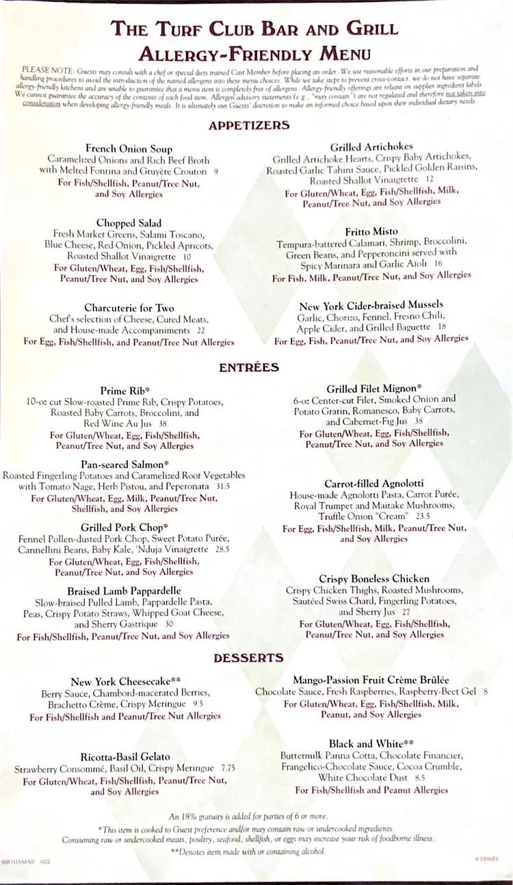 Turf Club Bar & Grill Allergy Friendly Dinner Menu — Gluten Free ...