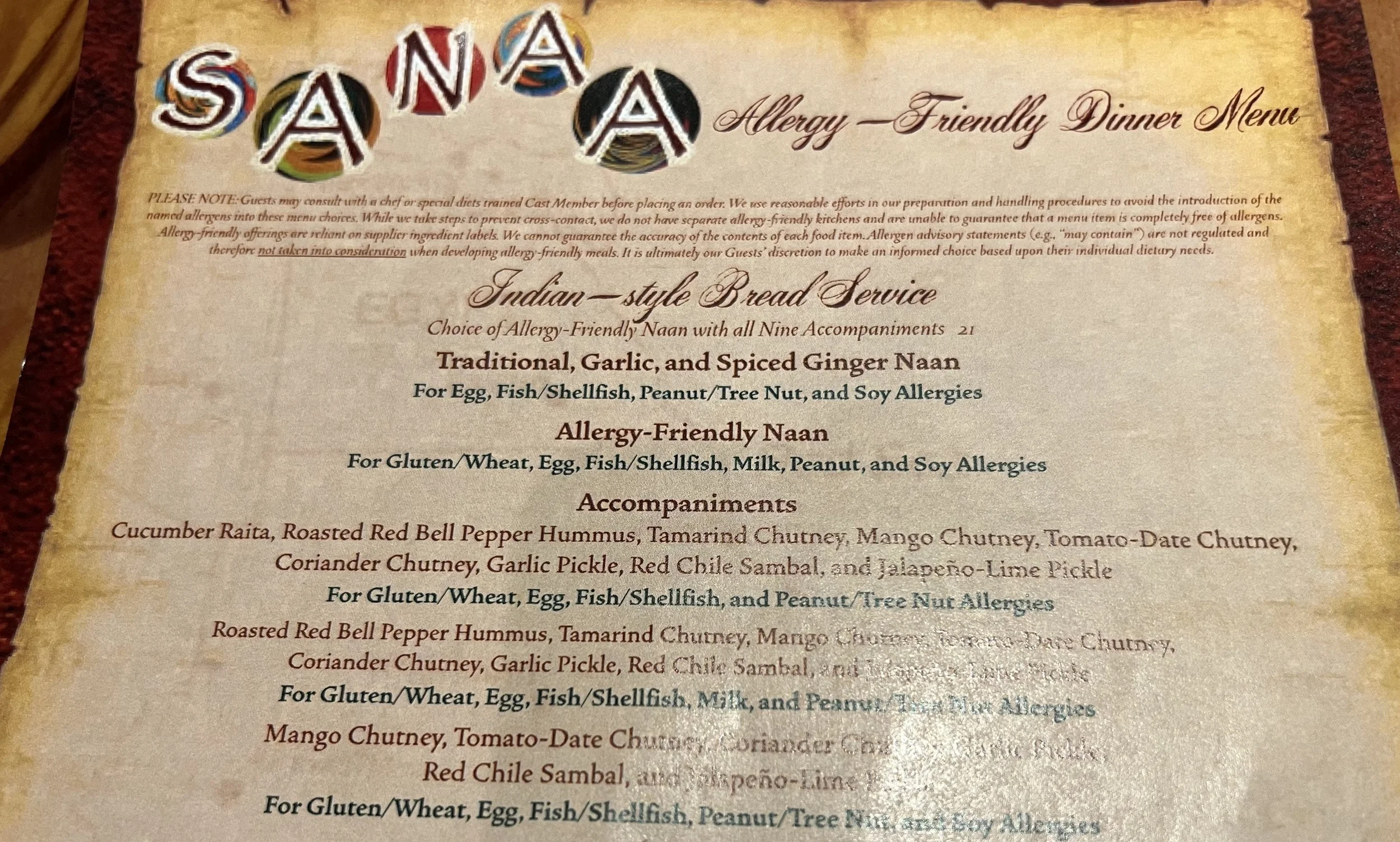 Sanaa Allergy-Friendly Dinner Menu — Gluten Free & Dairy Free at WDW