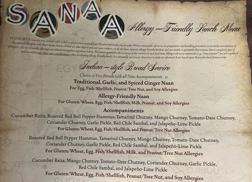 Sanaa Allergy-Friendly Lunch Menu — Gluten Free & Dairy Free at WDW
