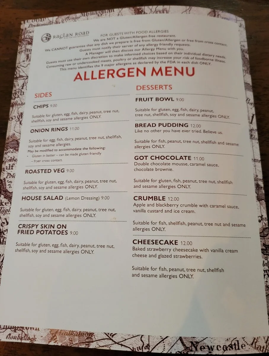 Raglan Road Allergen Menu — Gluten Free & Dairy Free at WDW