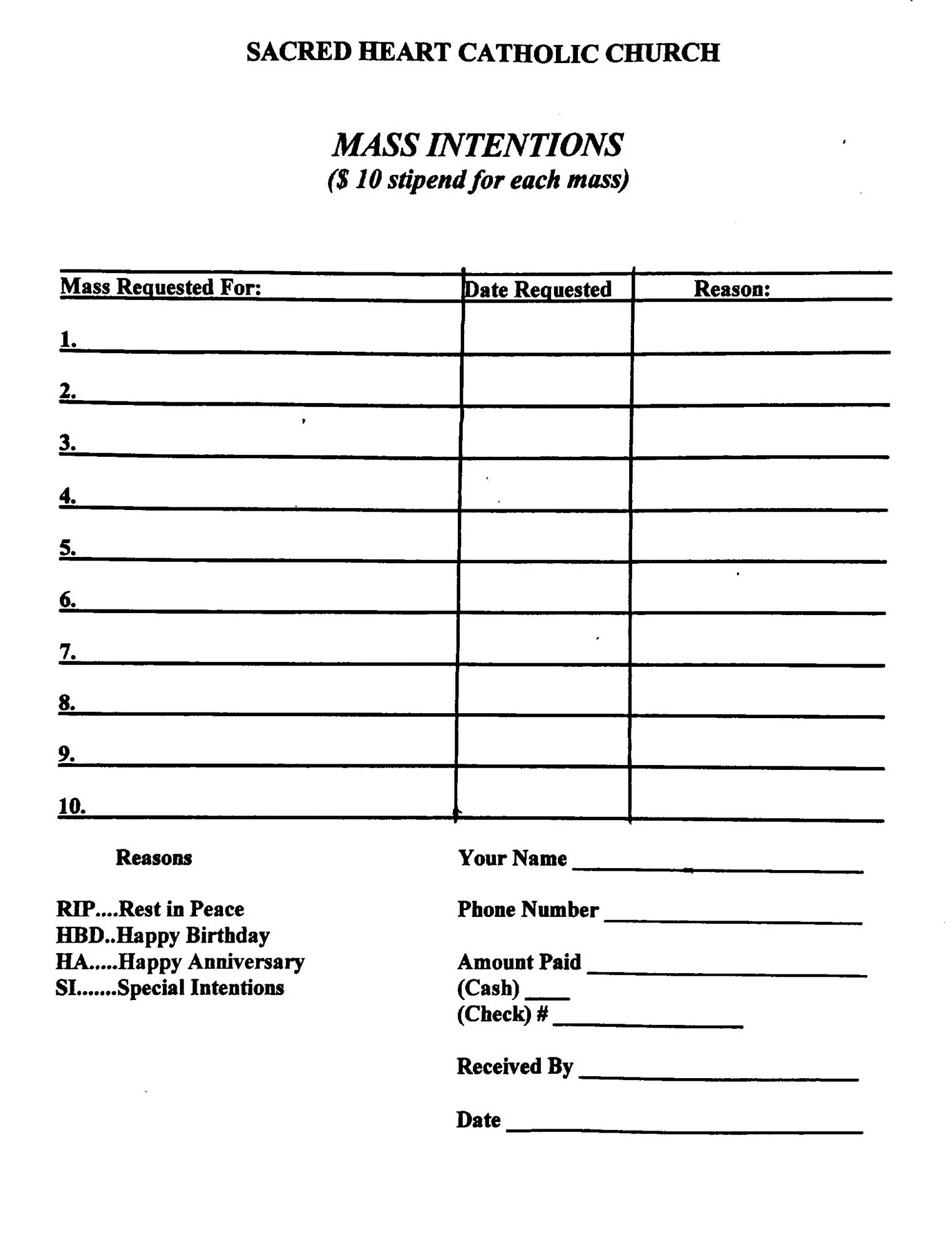 Mass Intentions — Sacred Heart Catholic Church Raywood Texas