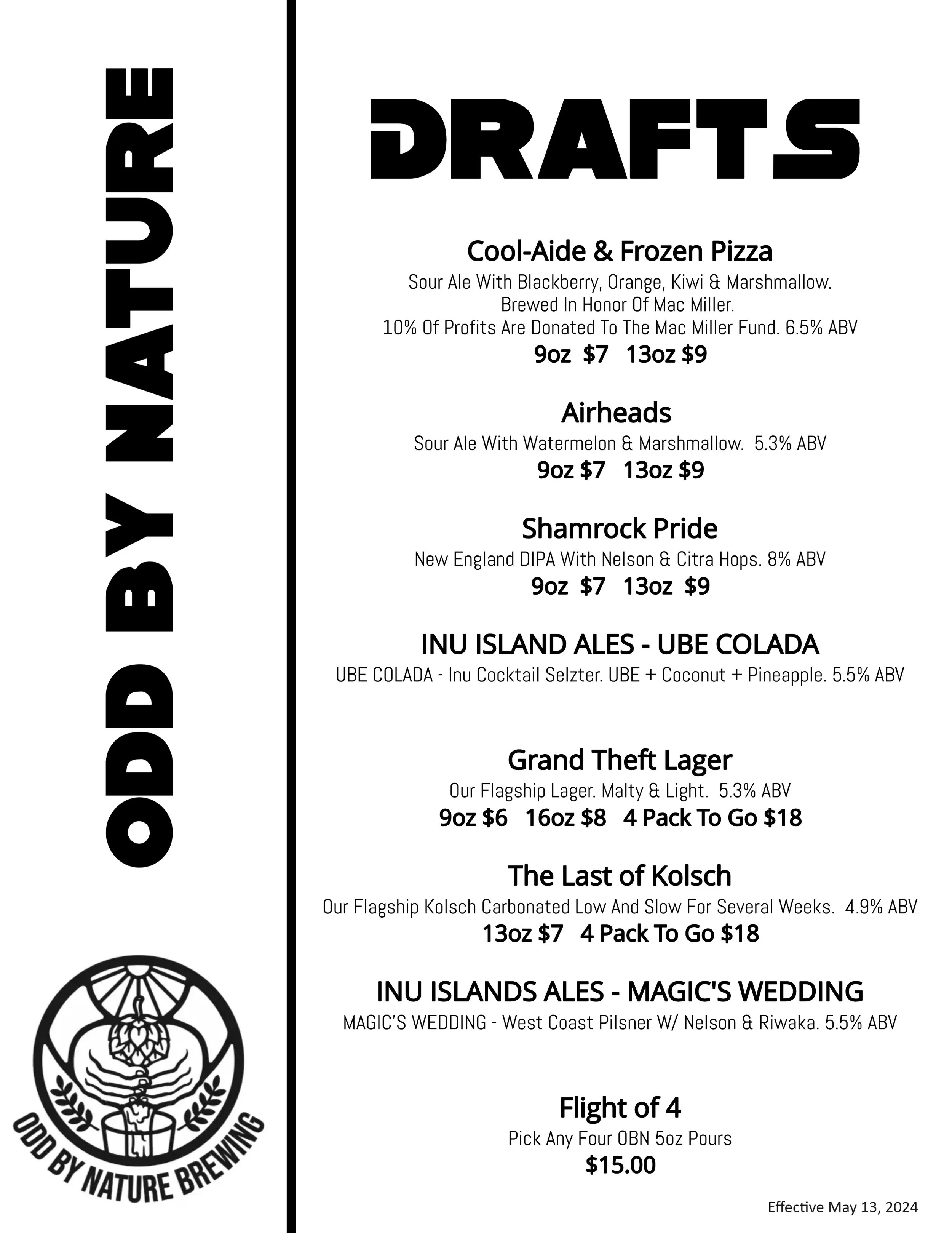 Menus — ODD BY NATURE BREWING