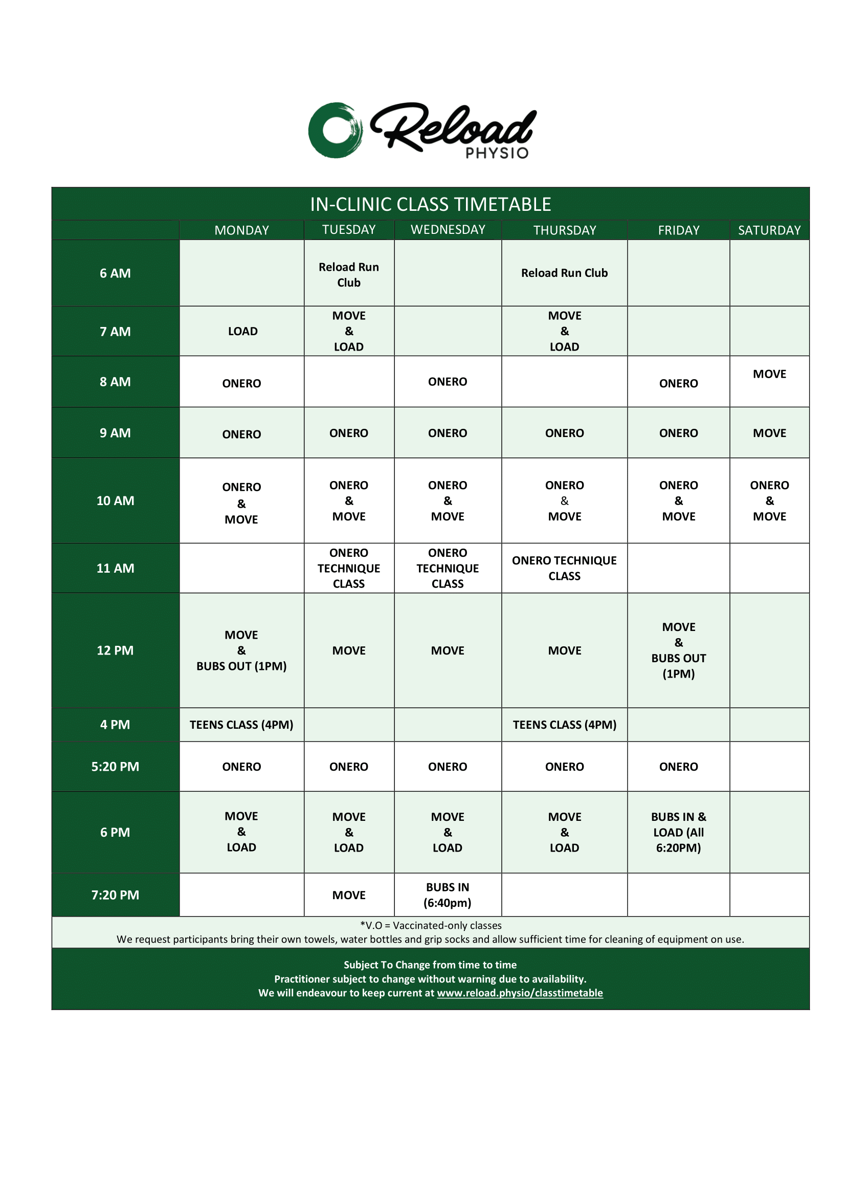 Class Timetable Reload Physio
