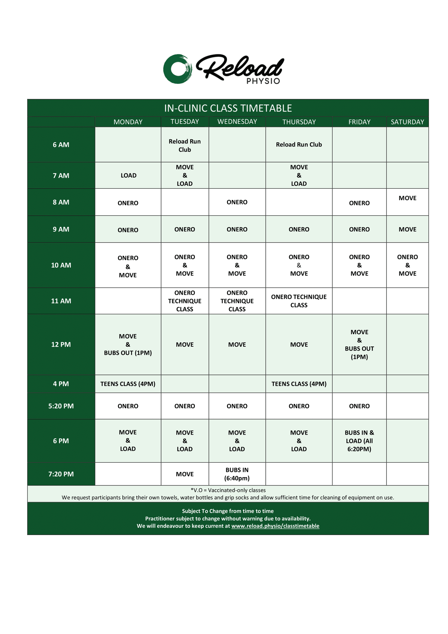 CLASS Timetable | Reload Physio