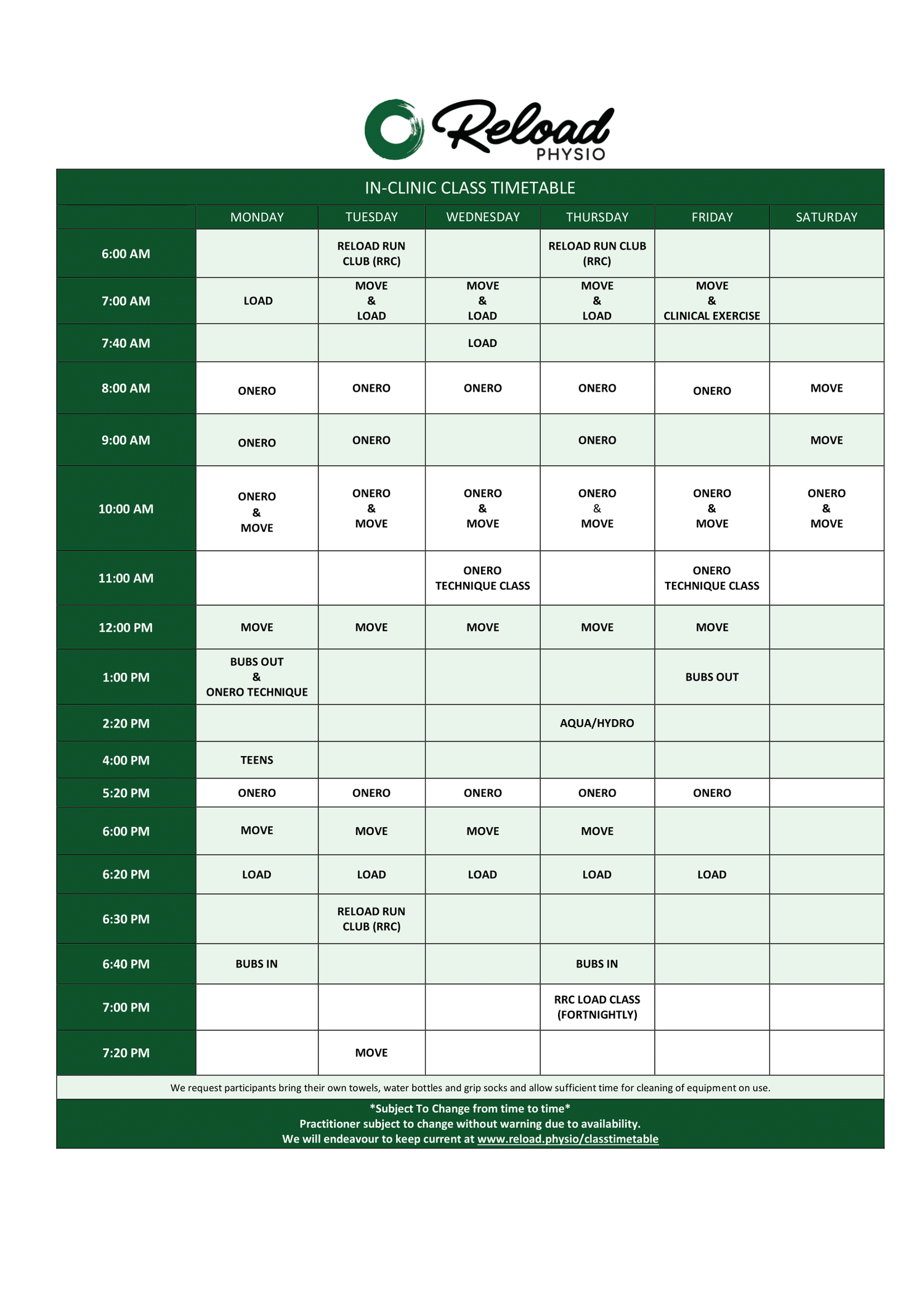 CLASS Timetable | Reload Physio