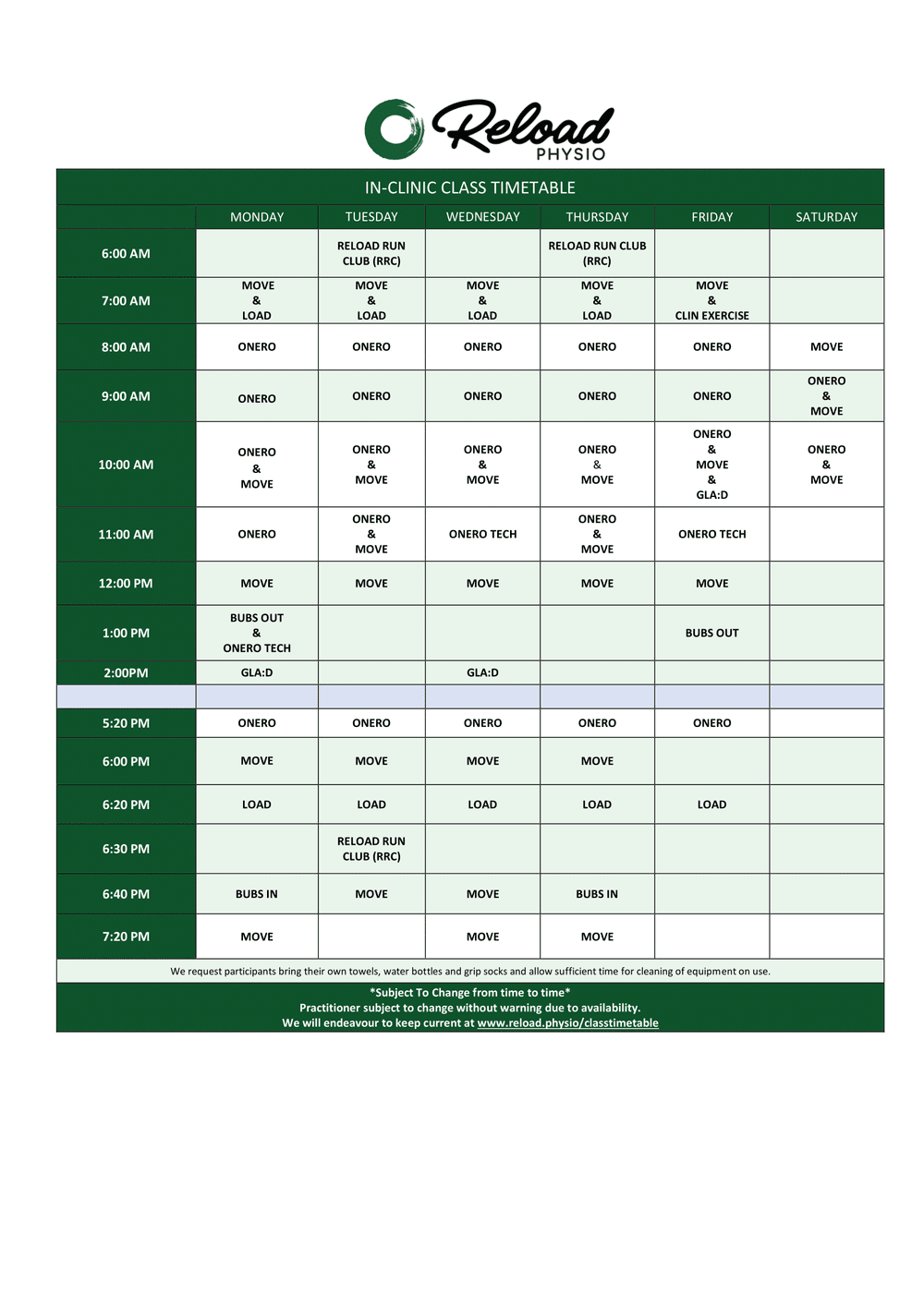 CLASS Timetable | Reload Physio