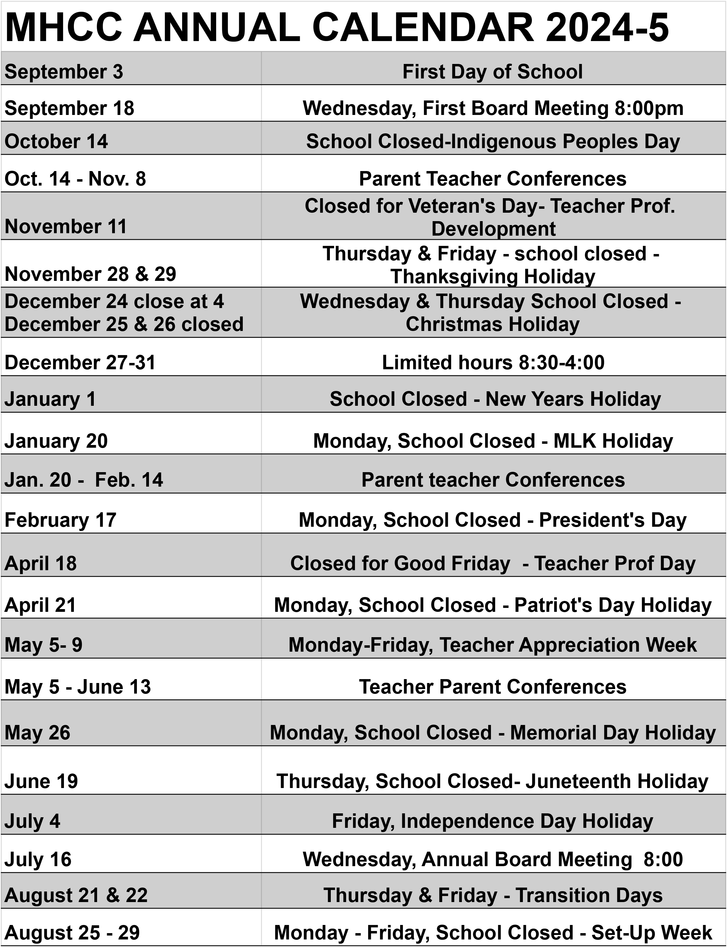 Calendar — Meeting House Child Care Center