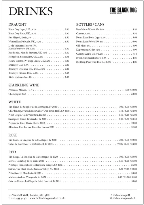 Drinks Menu -The Black Dog