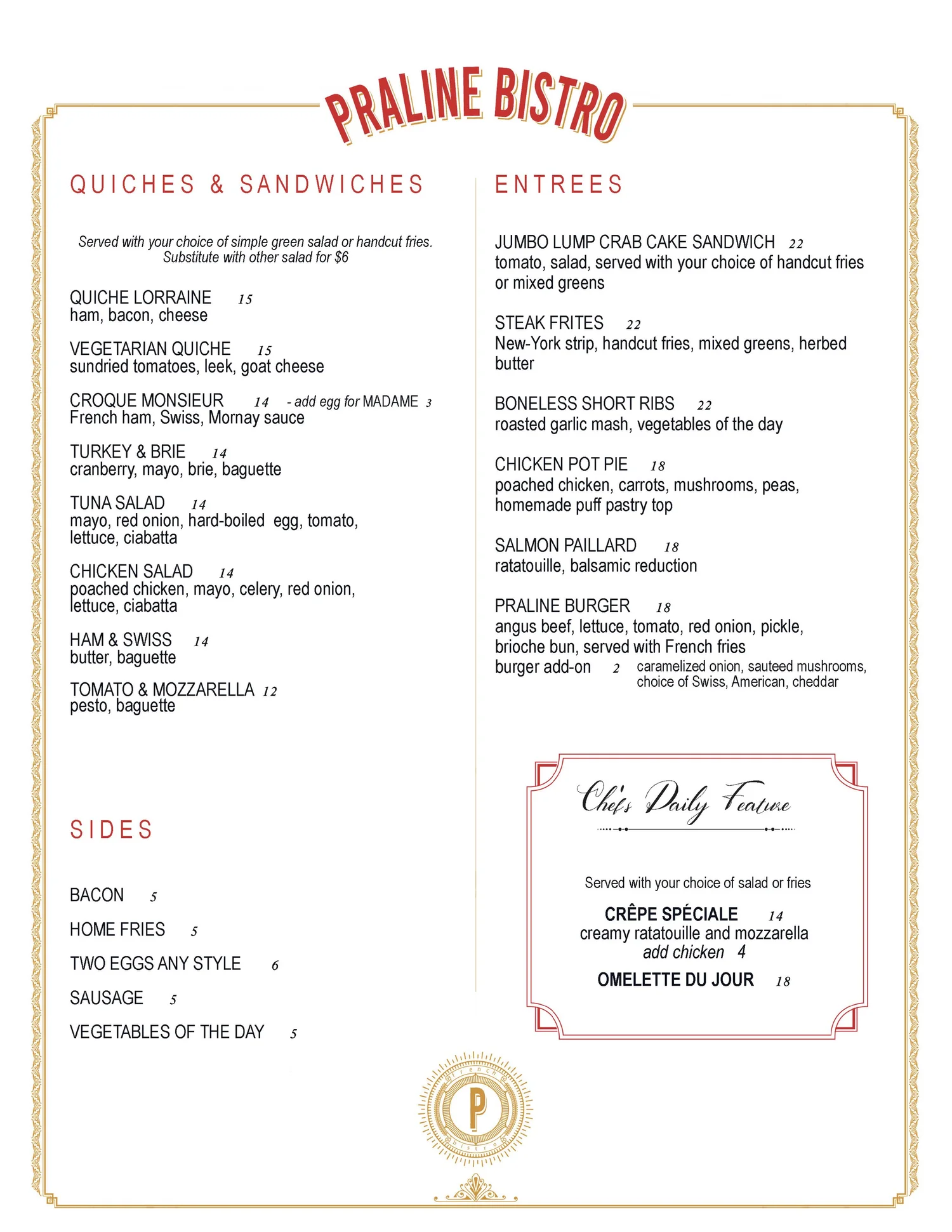 Bistro and Catering Menus — Praline Bakery & Bistro