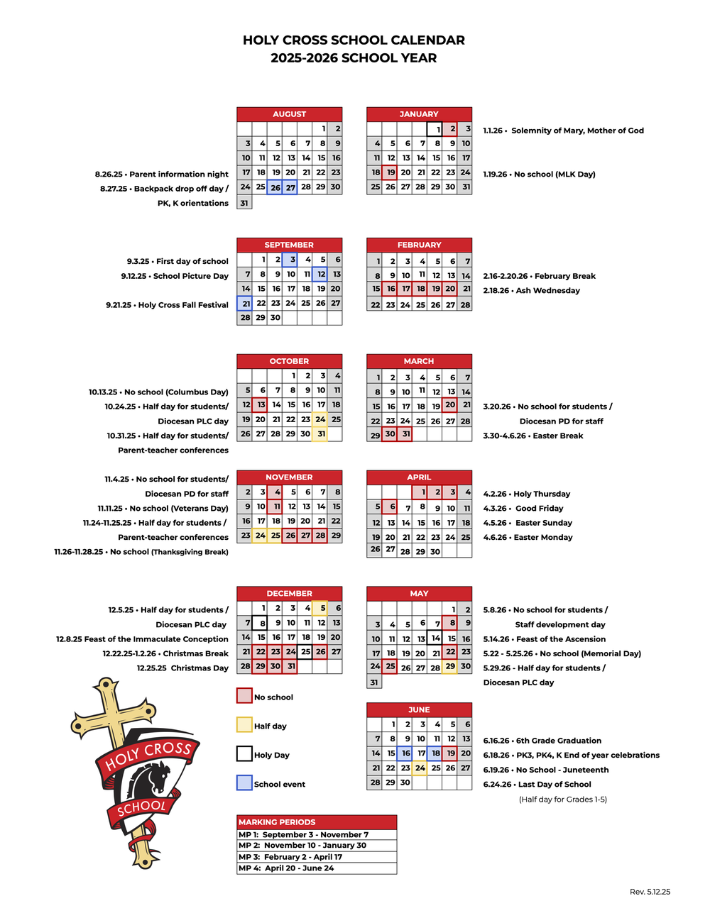 Calendar — Holy Cross School