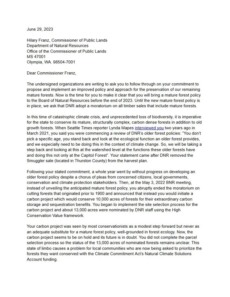 Letter to CPL Franz — Pacific Northwest Forest Climate Alliance