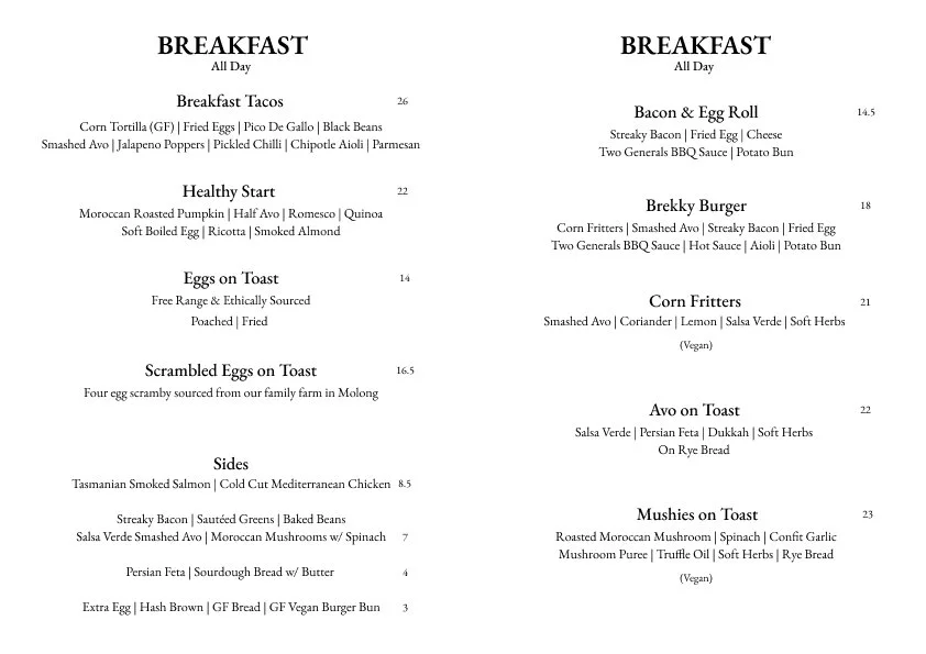 Menu — The General Eatery & Supplies