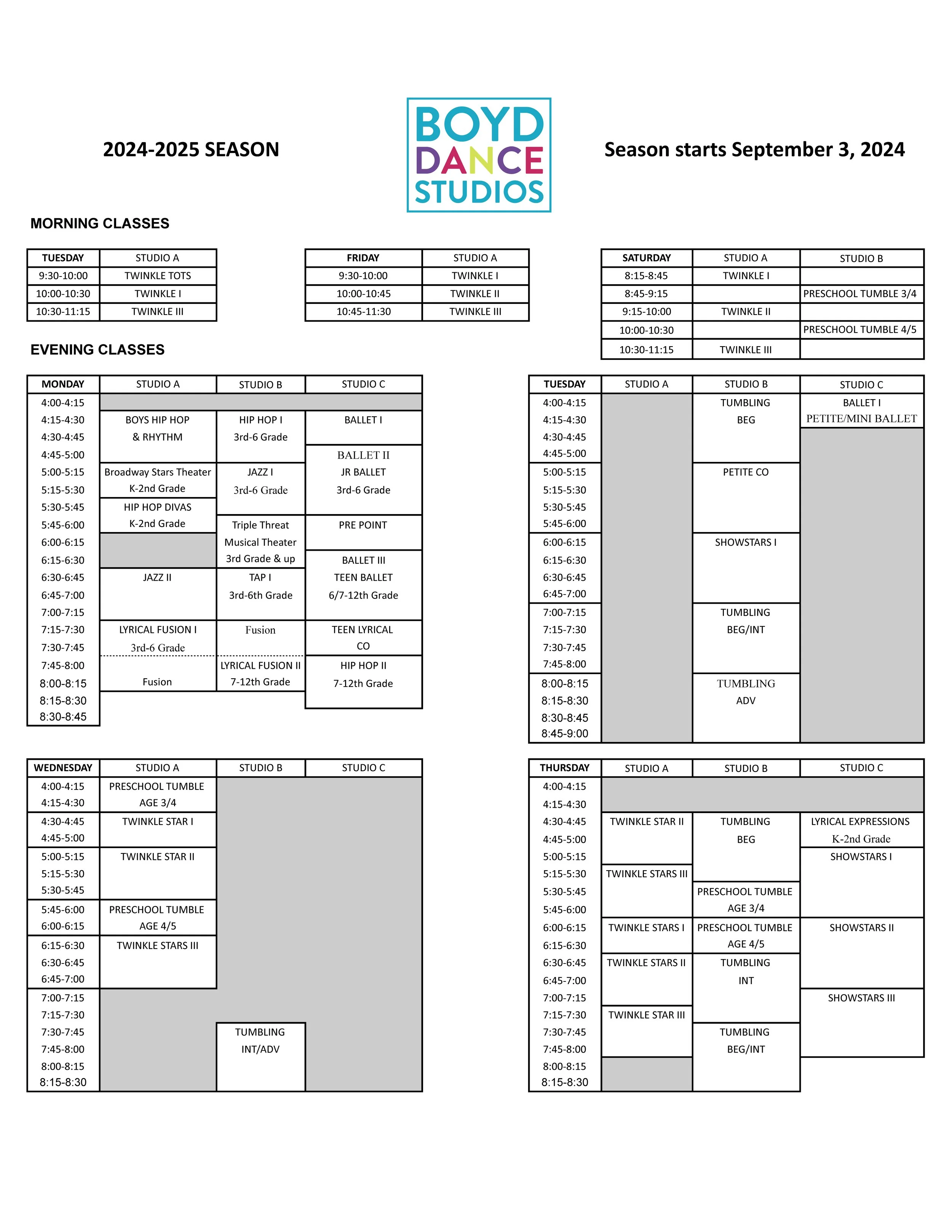 Class Schedule — Boyd Dance Studios