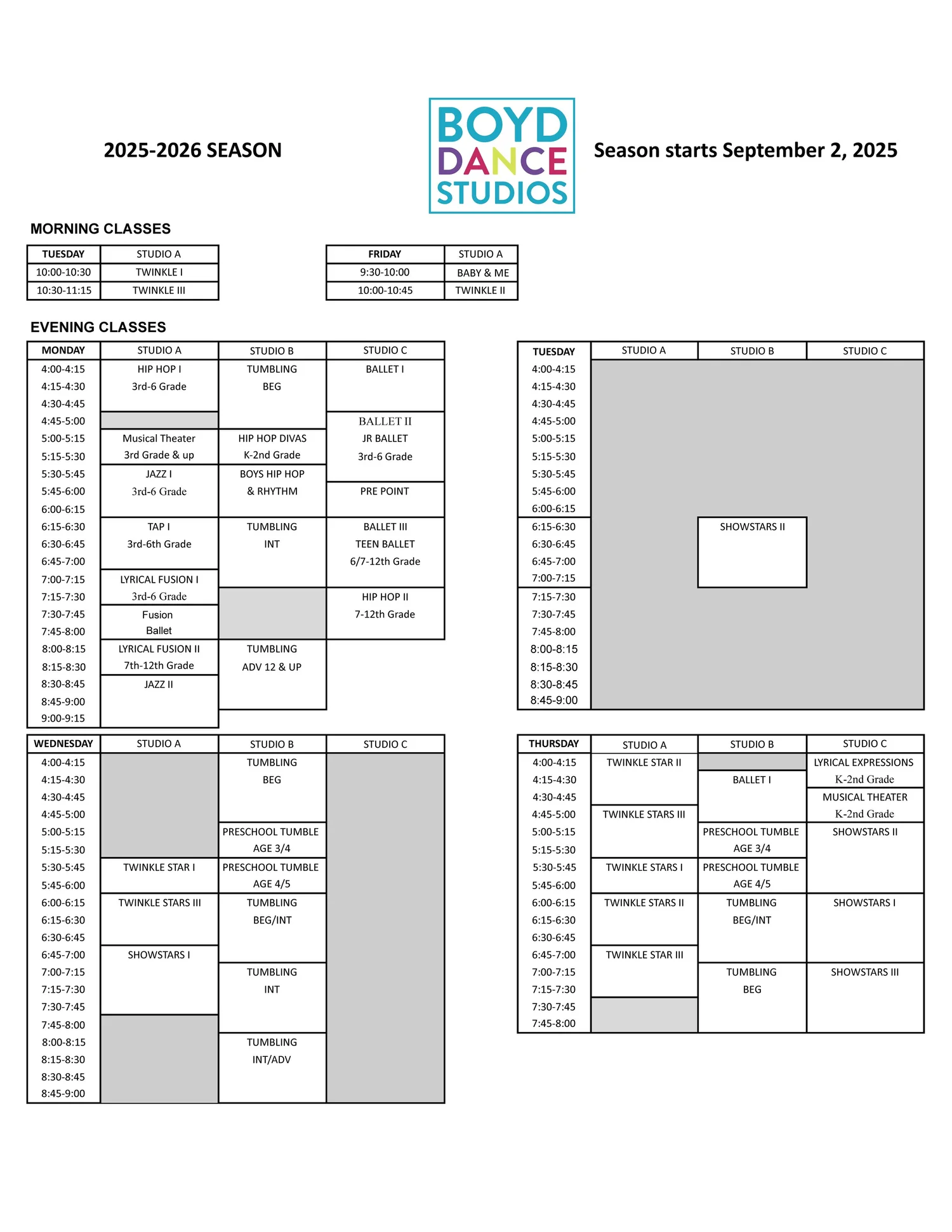 Class Schedule — Boyd Dance Studios