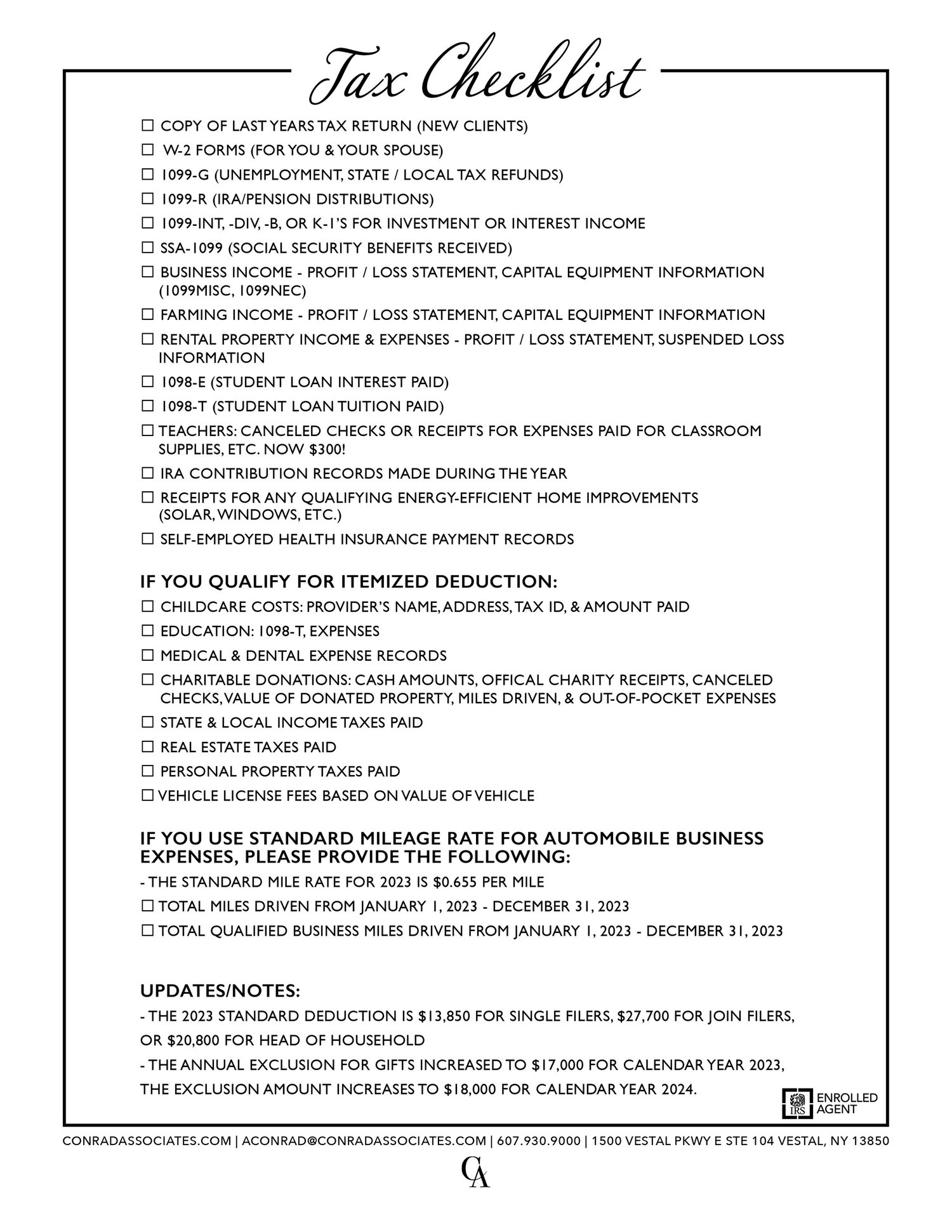 Tax Checklist — Conrad Associates LLC.